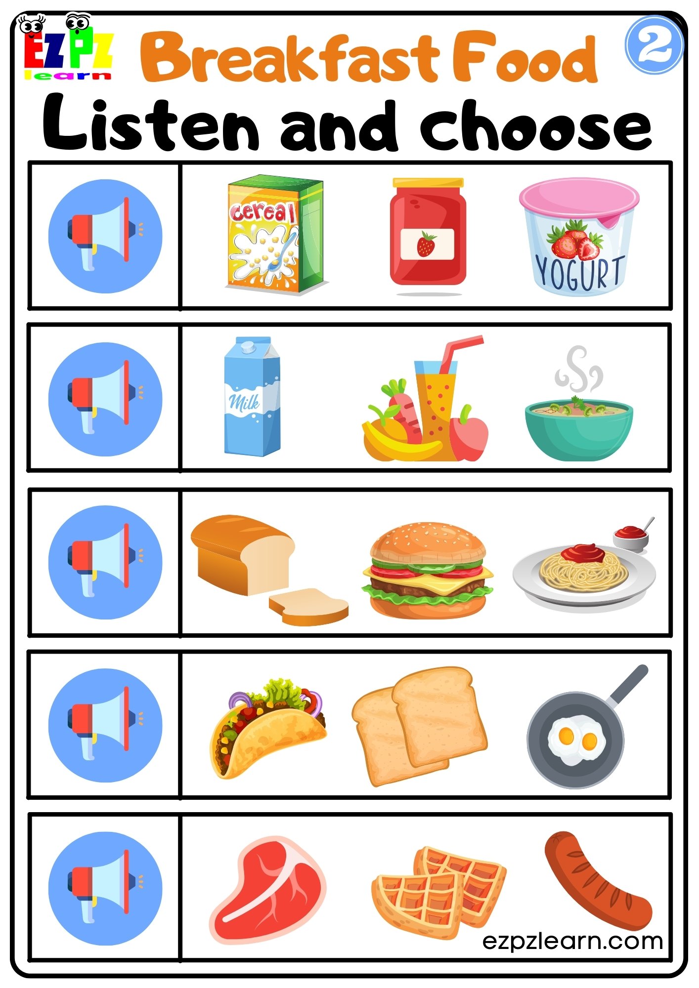 Interactive Worksheet for Breakfast Food Listen and Choose the Correct ...
