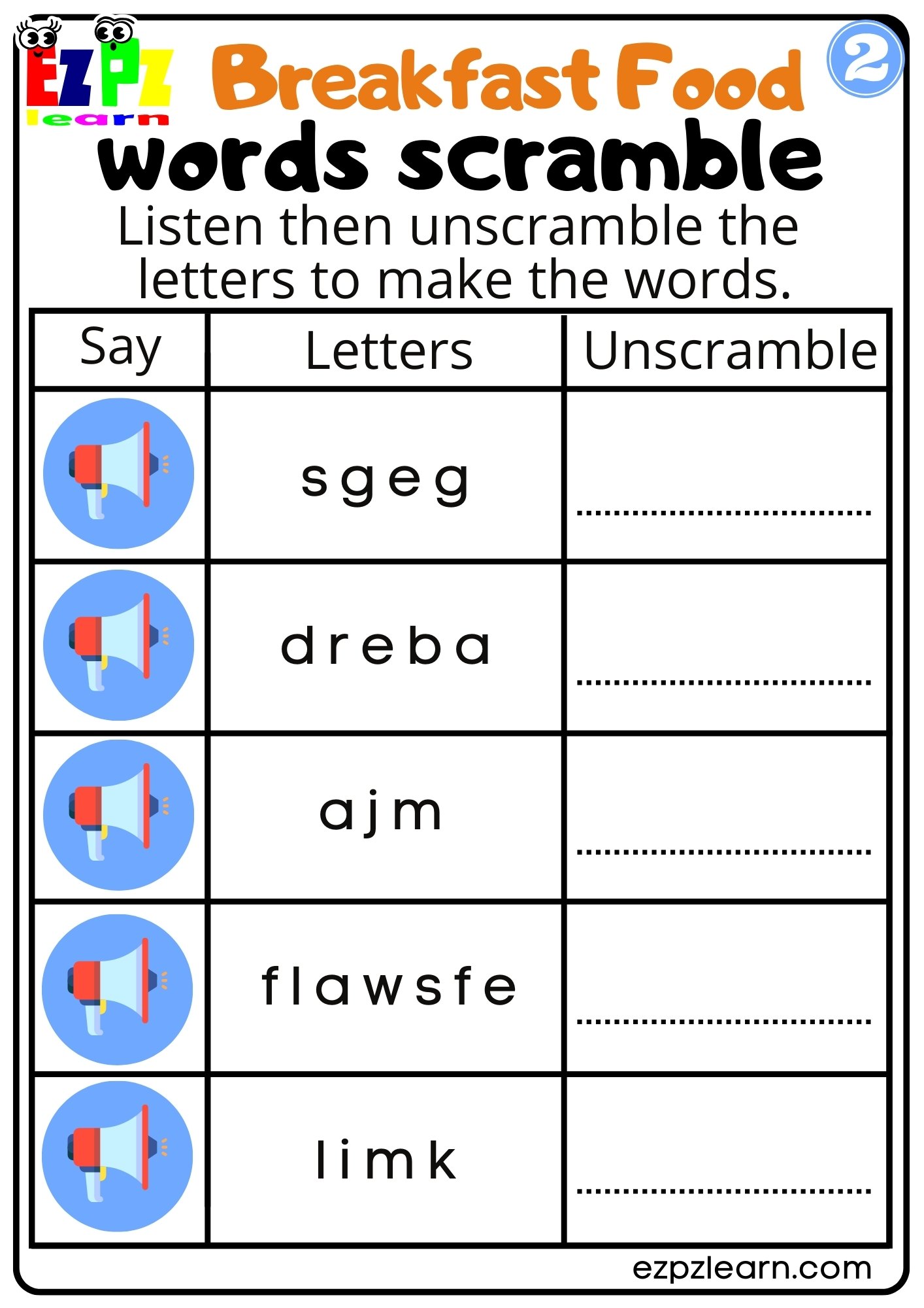 Interactive Worksheet for Breakfast Food Listen, Unscramble and Write ...