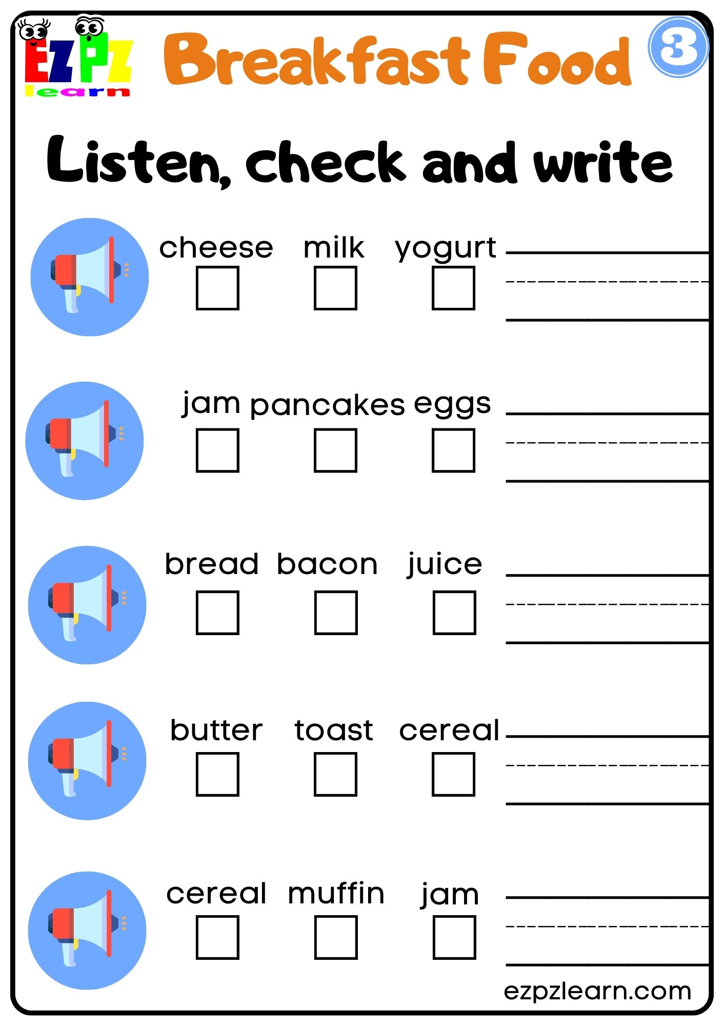 Interactive Worksheet for Breakfast Food Listen, Check and Write the ...