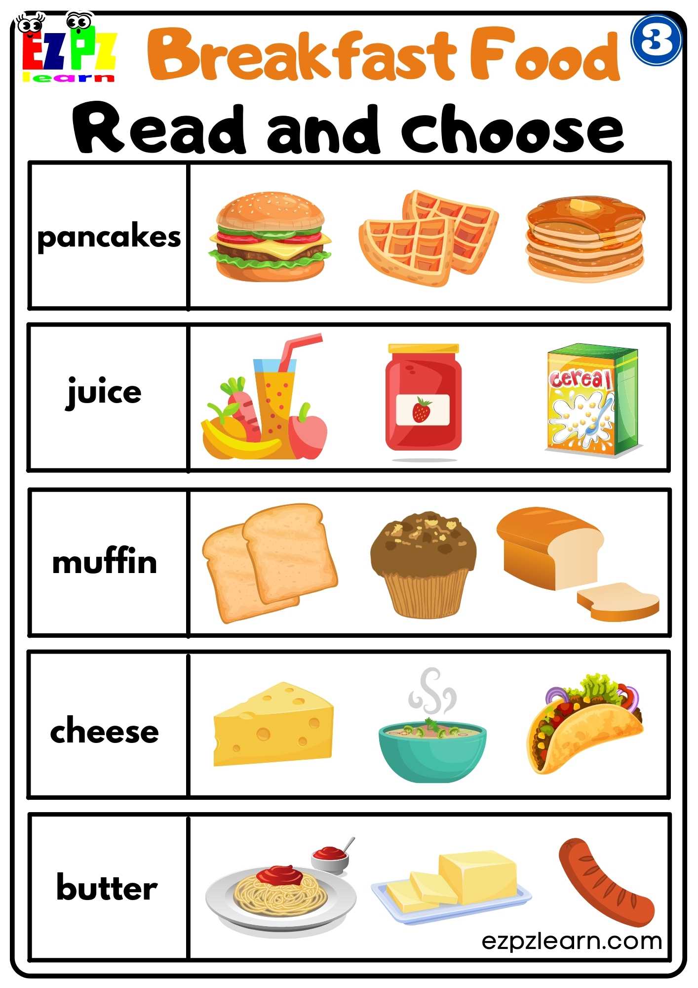 Group 3 Breakfast Food Vocabulary Read and Choose Worksheet for ESL and ...