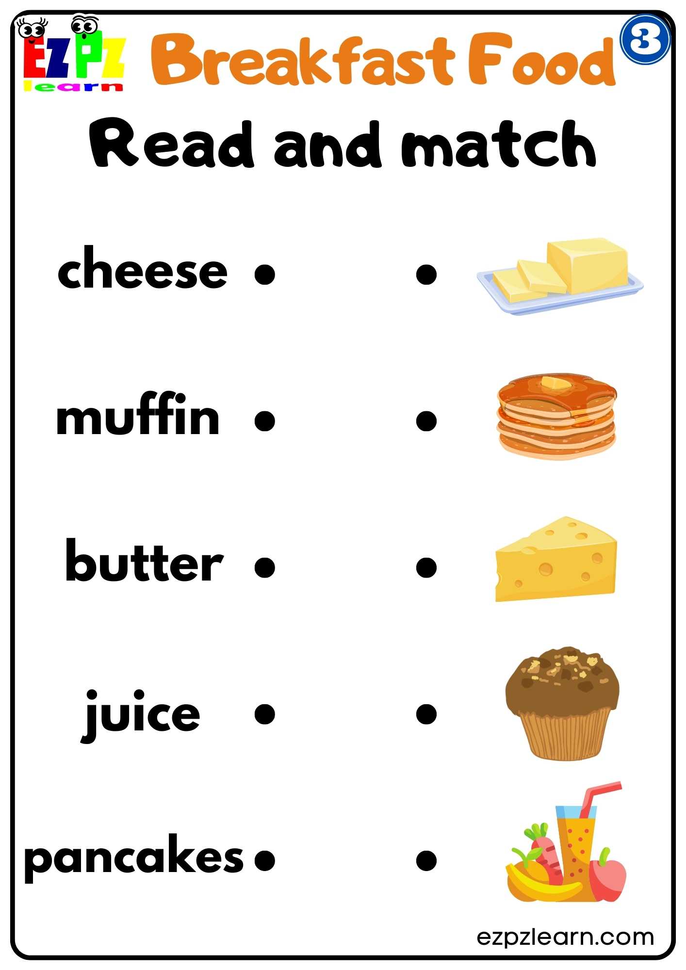 Group 3 Breakfast Food Vocabulary Read and Match Worksheet for ESL and ...