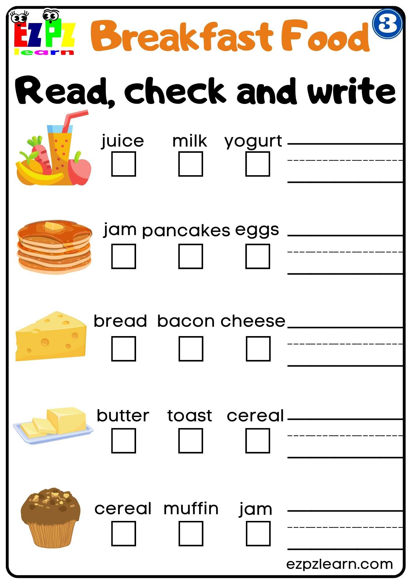 Group 3 Breakfast Food Vocabulary Read Check and Write Worksheet for ...