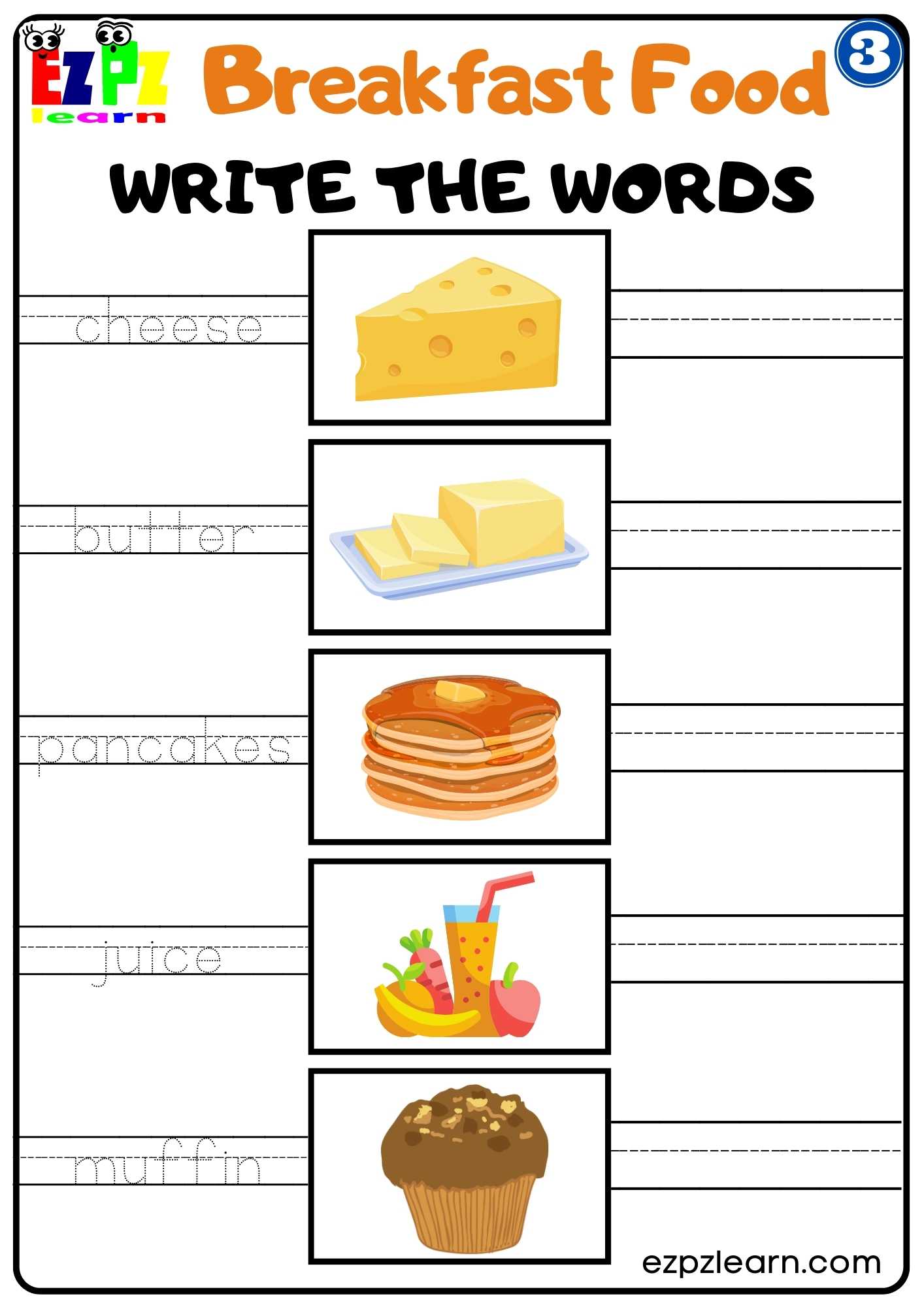 Group 3 Breakfast Food Vocabulary Write the Words Worksheet for ESL and ...