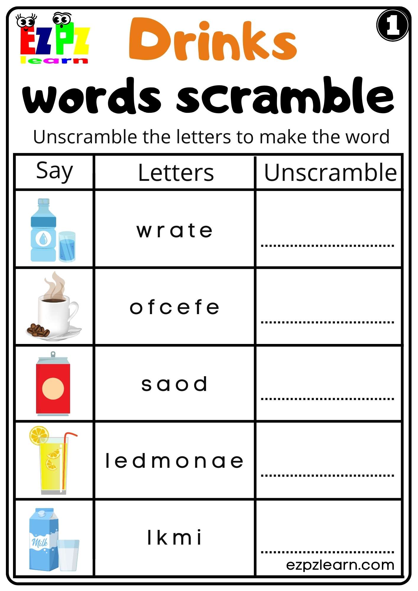 Drinks Word Scramble Worksheet for K5 Kids and ESL Set 1 Free PDF ...