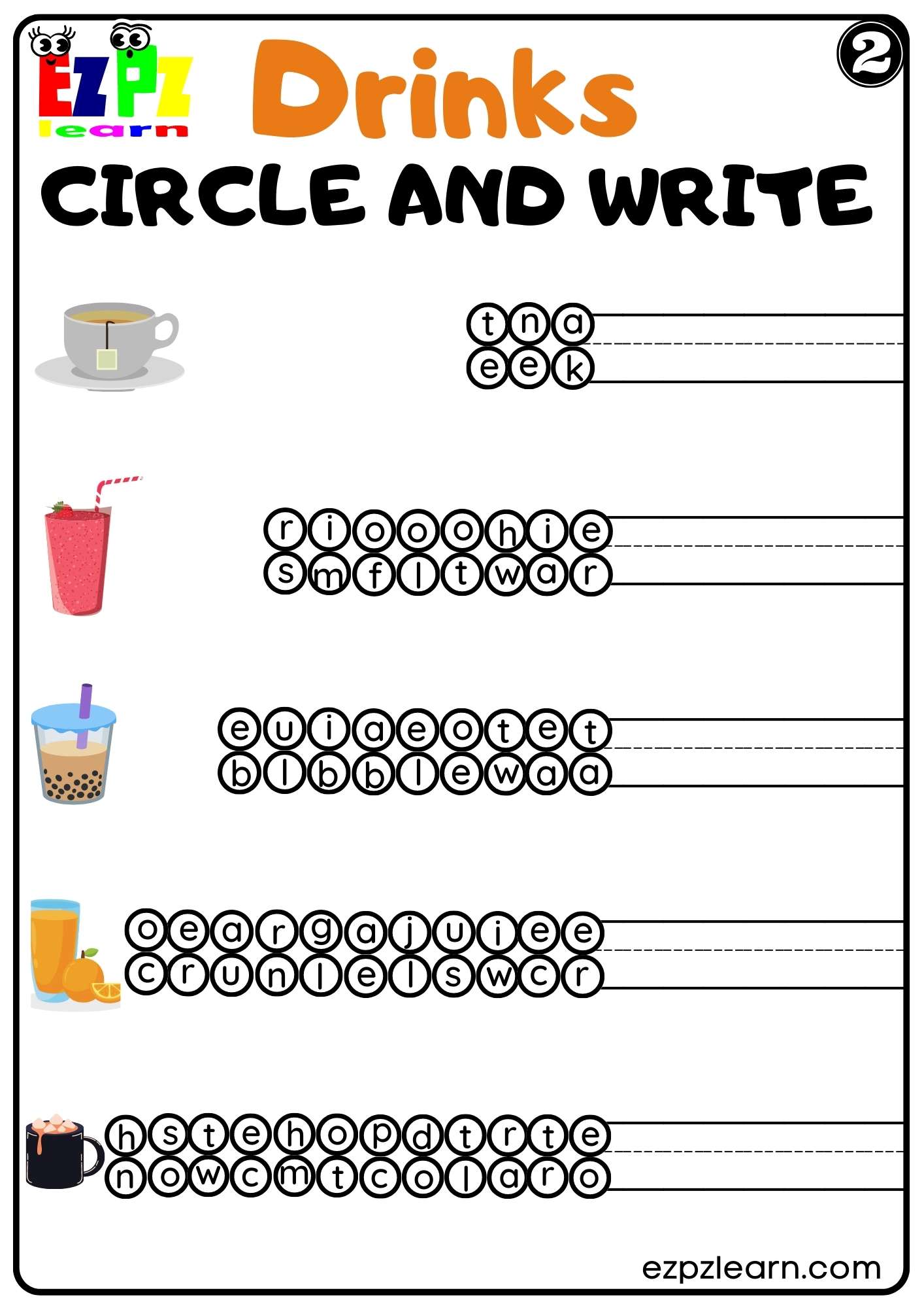 Drinks Circle and Write Worksheet for Kids K5 and ESL PDF Download Set ...