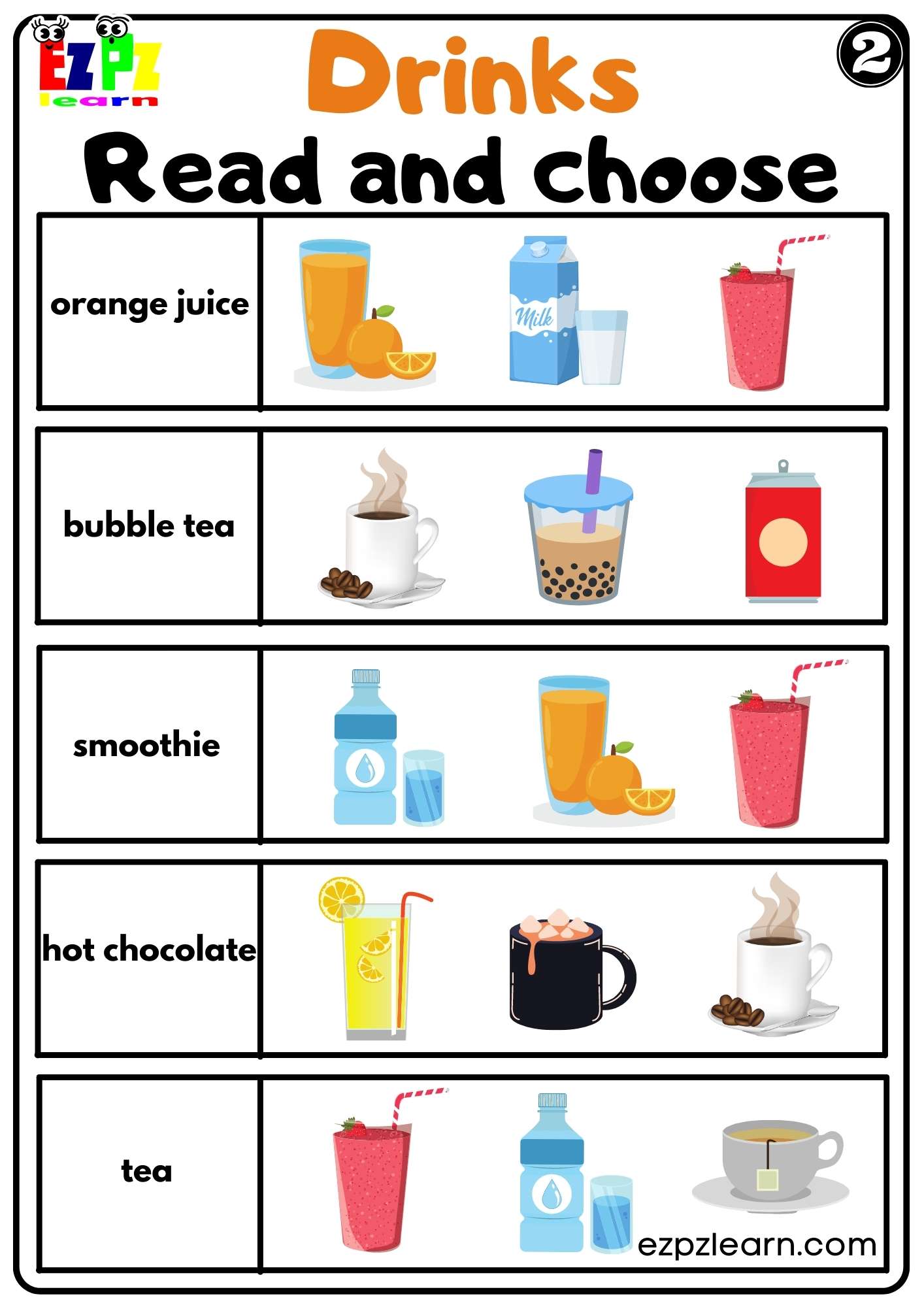 Drinks Read and Choose Worksheet for Kids K5 and ESL PDF Download Set 2 ...