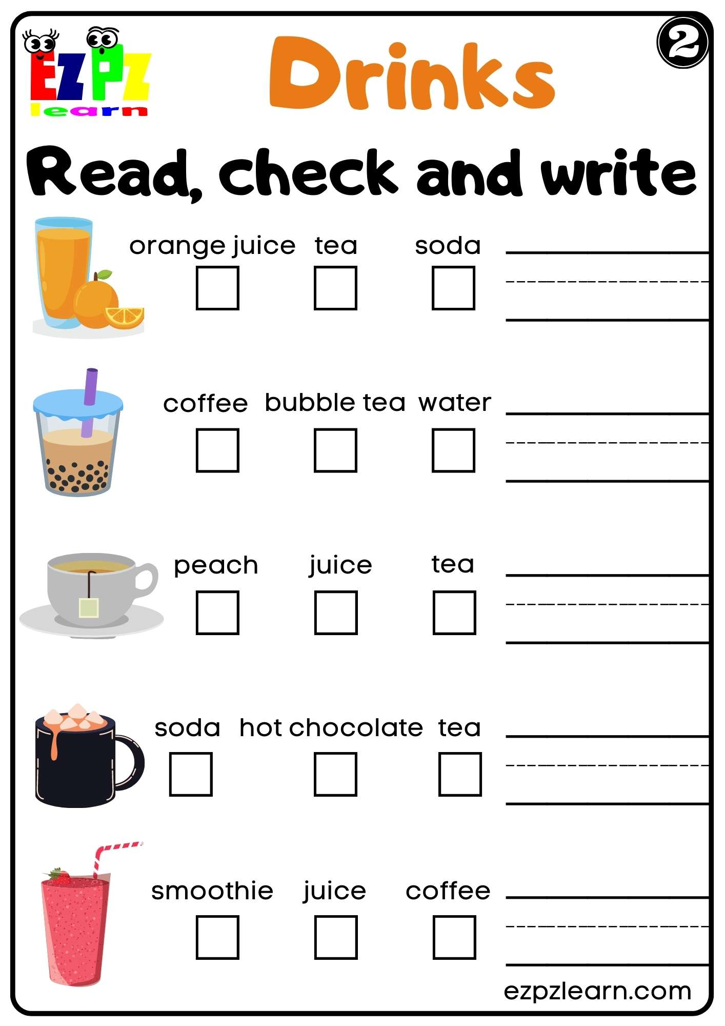 Drinks Read Check and Write Worksheet for Kids K5 and ESL PDF Download ...