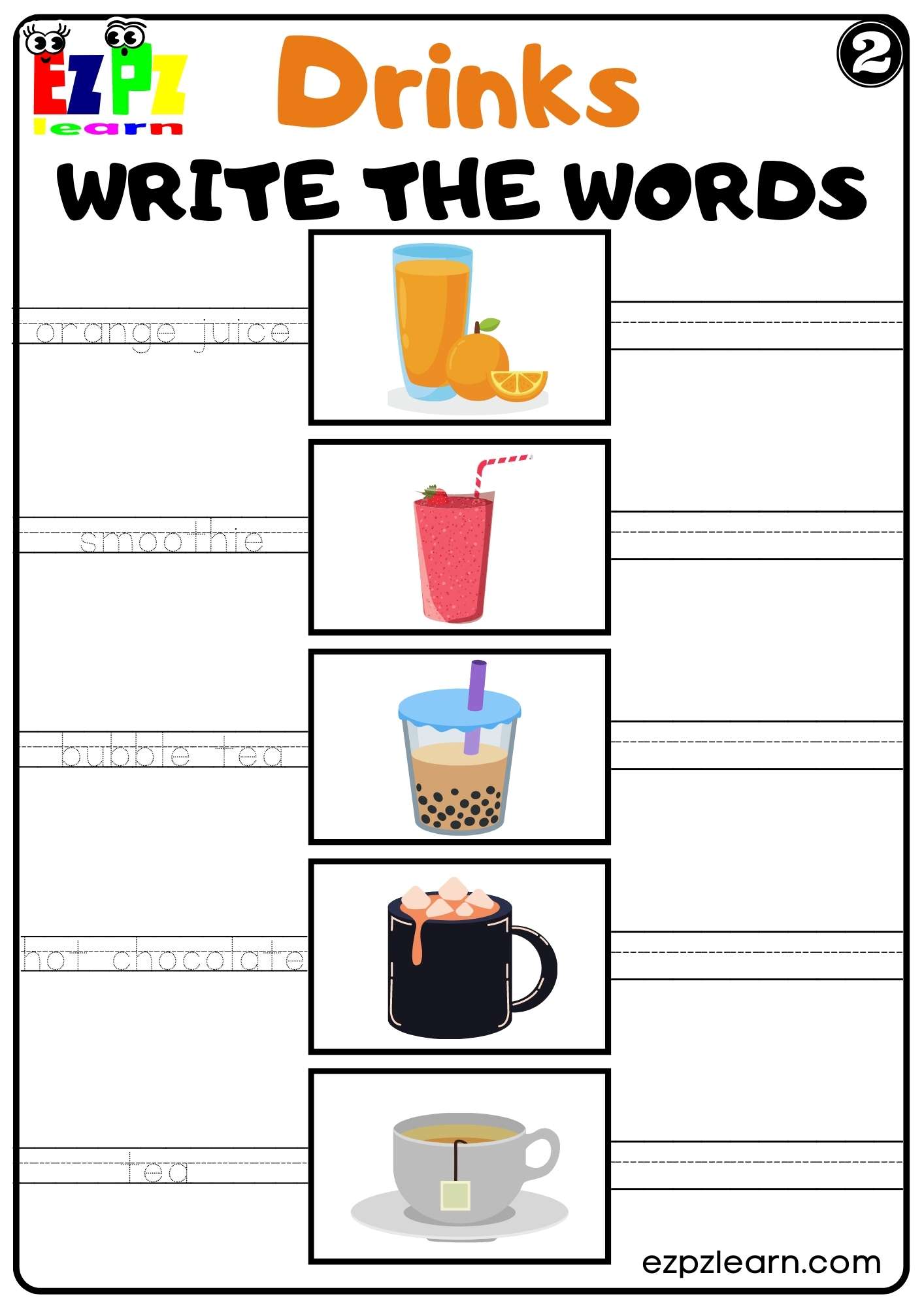 Drinks Write the Words Worksheet for Kids K5 and ESL PDF Download Set 2 ...