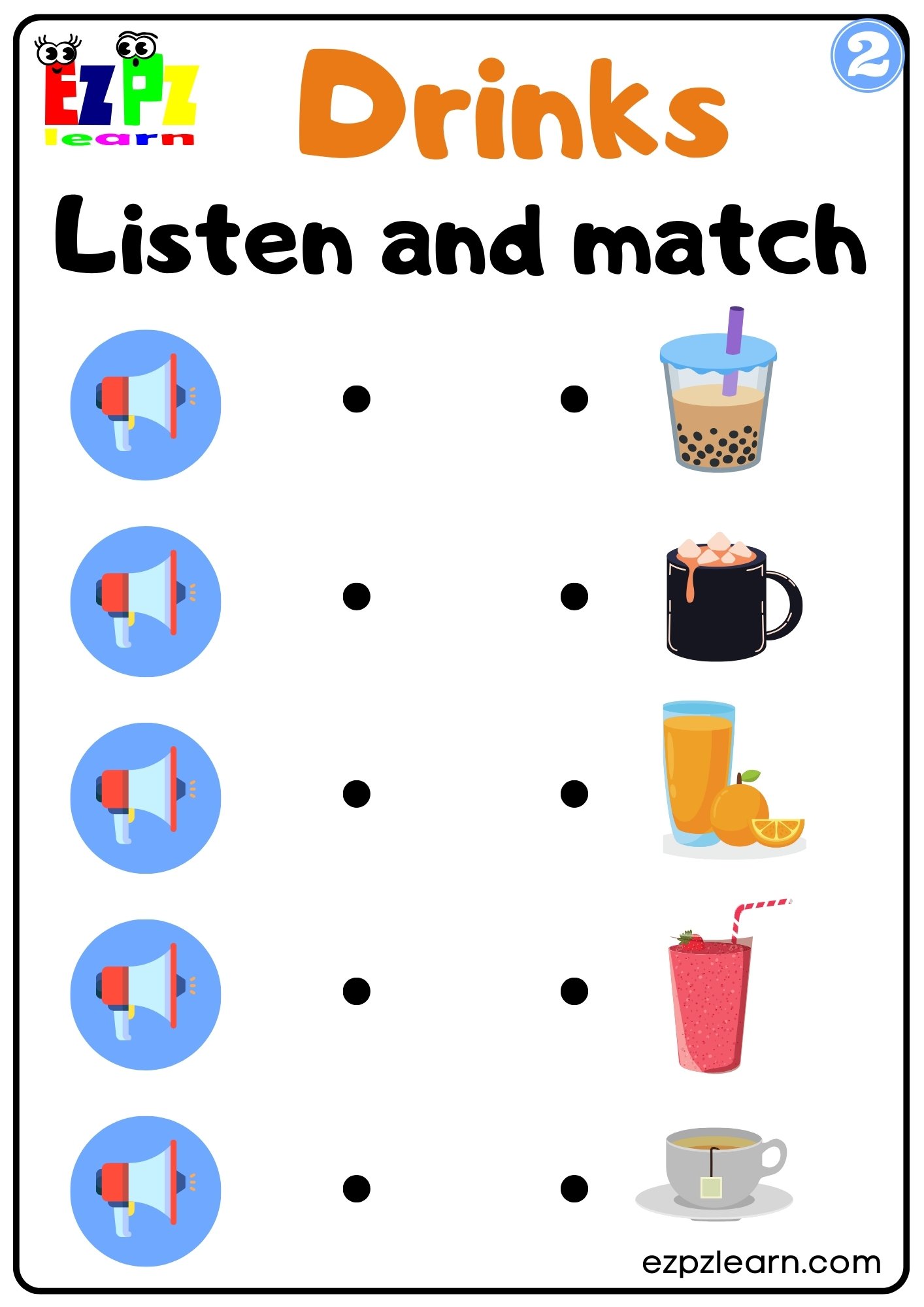 Interactive Drinks Vocabulary Worksheet Listen, and Match the Correct ...