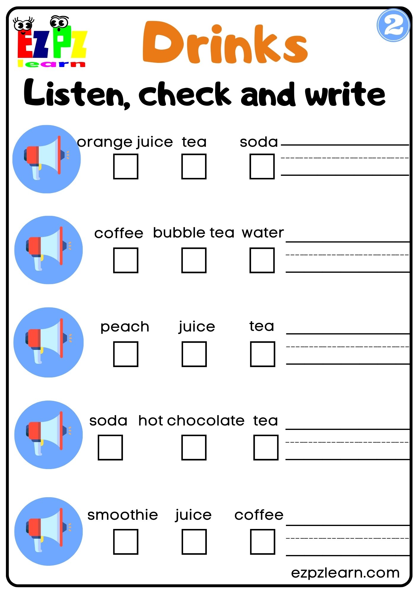 Interactive Drinks Vocabulary Worksheet Listen, Check and Write the ...