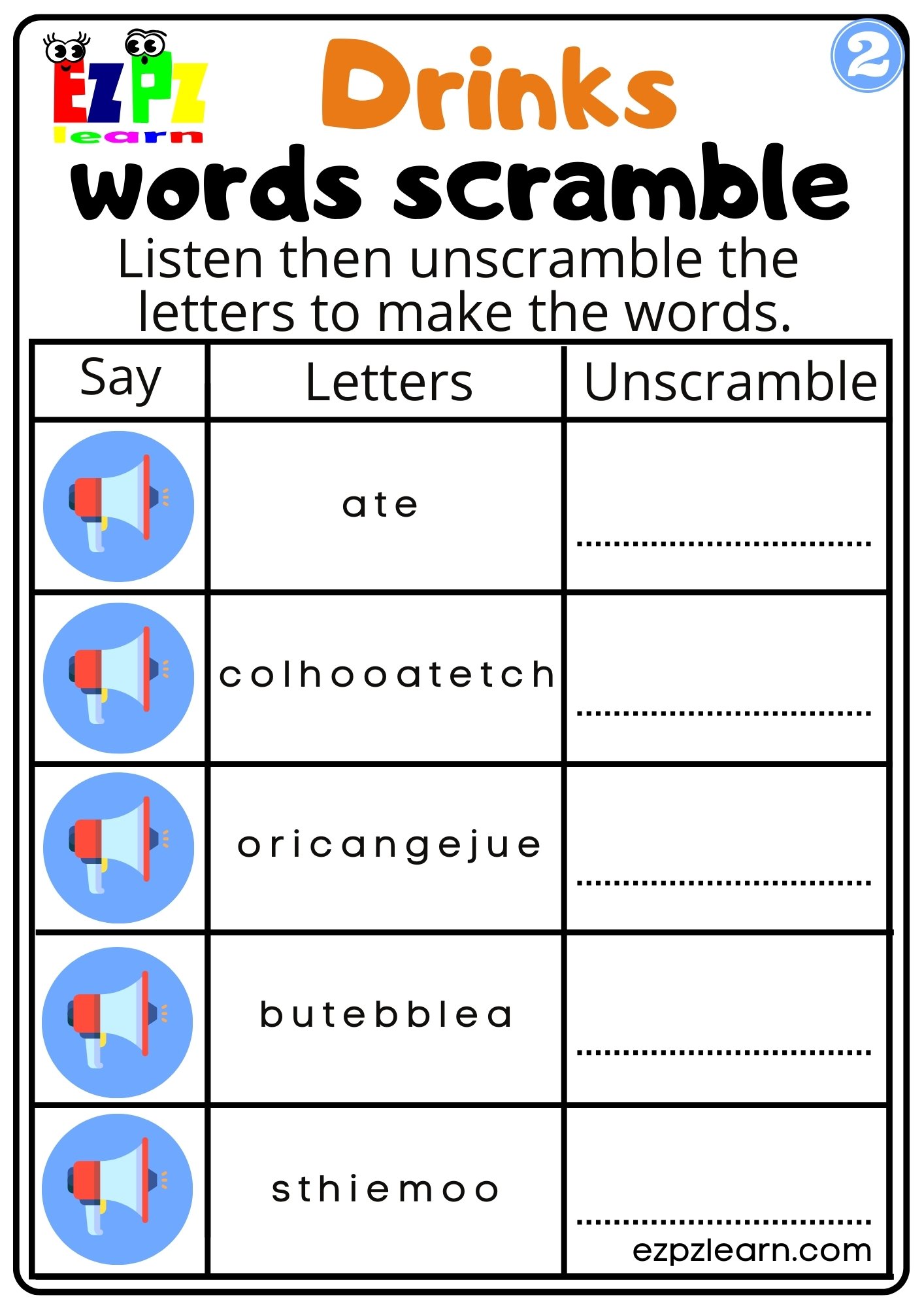 Interactive Drinks Vocabulary Worksheet Listen, Unscramble and Write ...