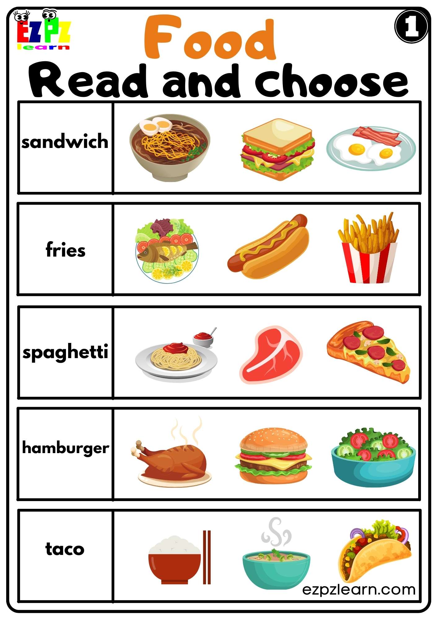 Food Read and Choose Worksheet for ESL and Kindergarten K5 Set 1 Free ...