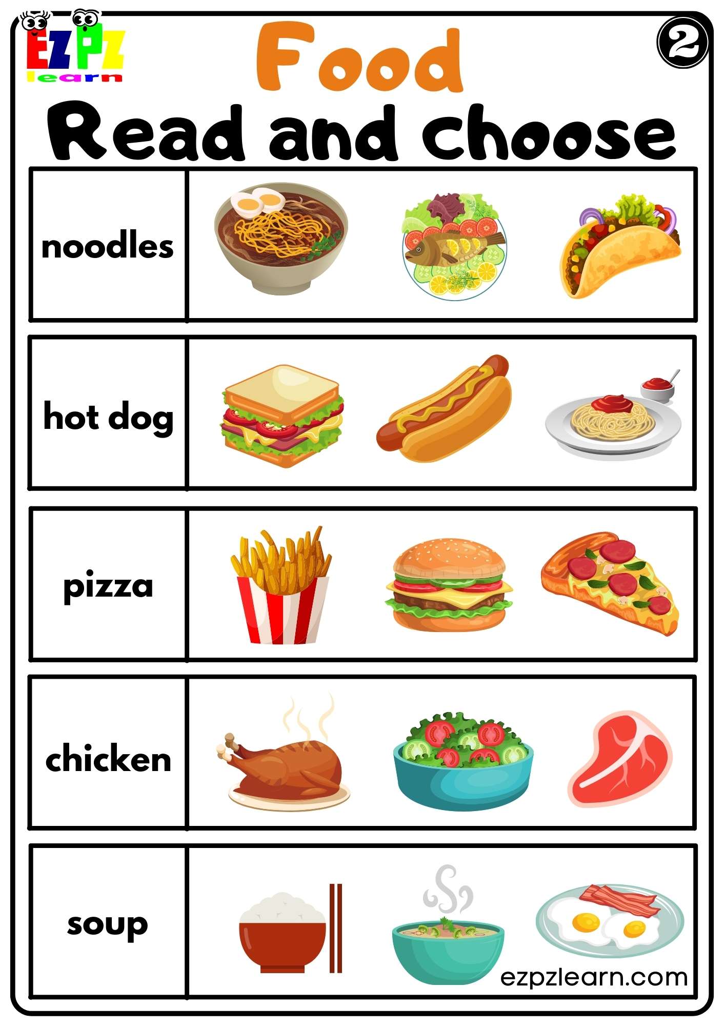 Food Read and Choose Worksheet Kindergarten K5 and ESL Set 2 PDF ...
