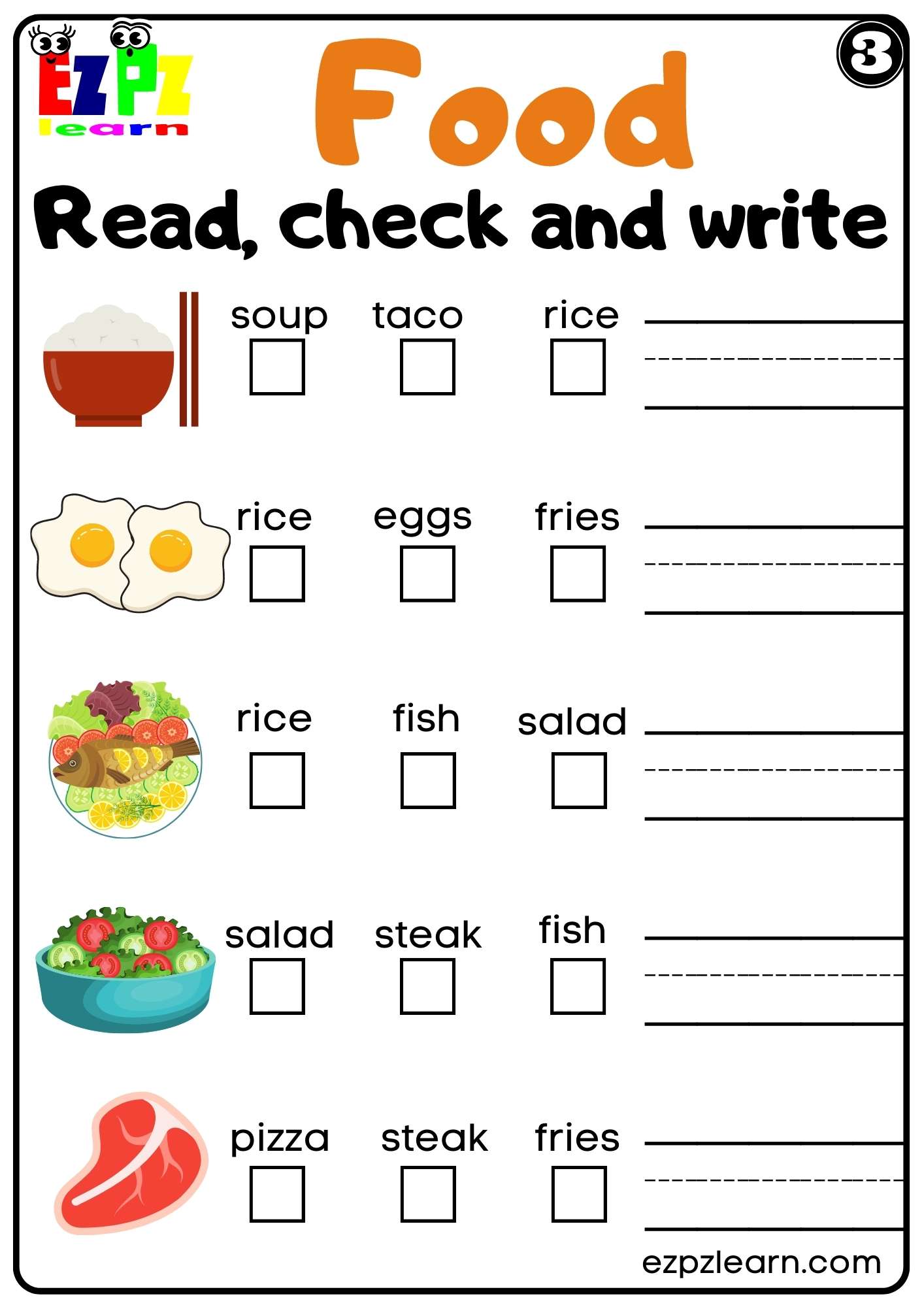 Food Read Check and Write Worksheet for Kindergarten K5 and ESL PDF ...
