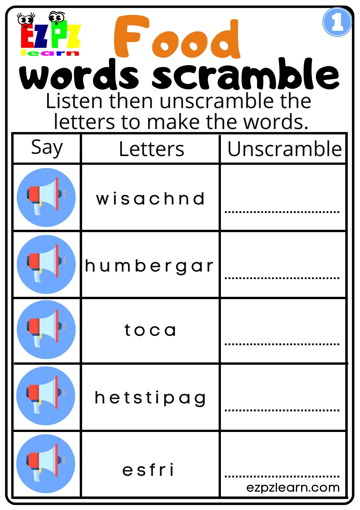 Interactive Food Worksheet Listen, Unscramble and Write the Words ...
