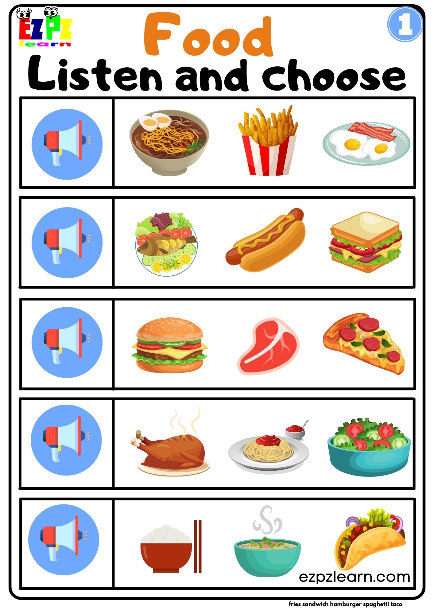 Interactive Food Worksheet Listen and Choose the Correct Images ...