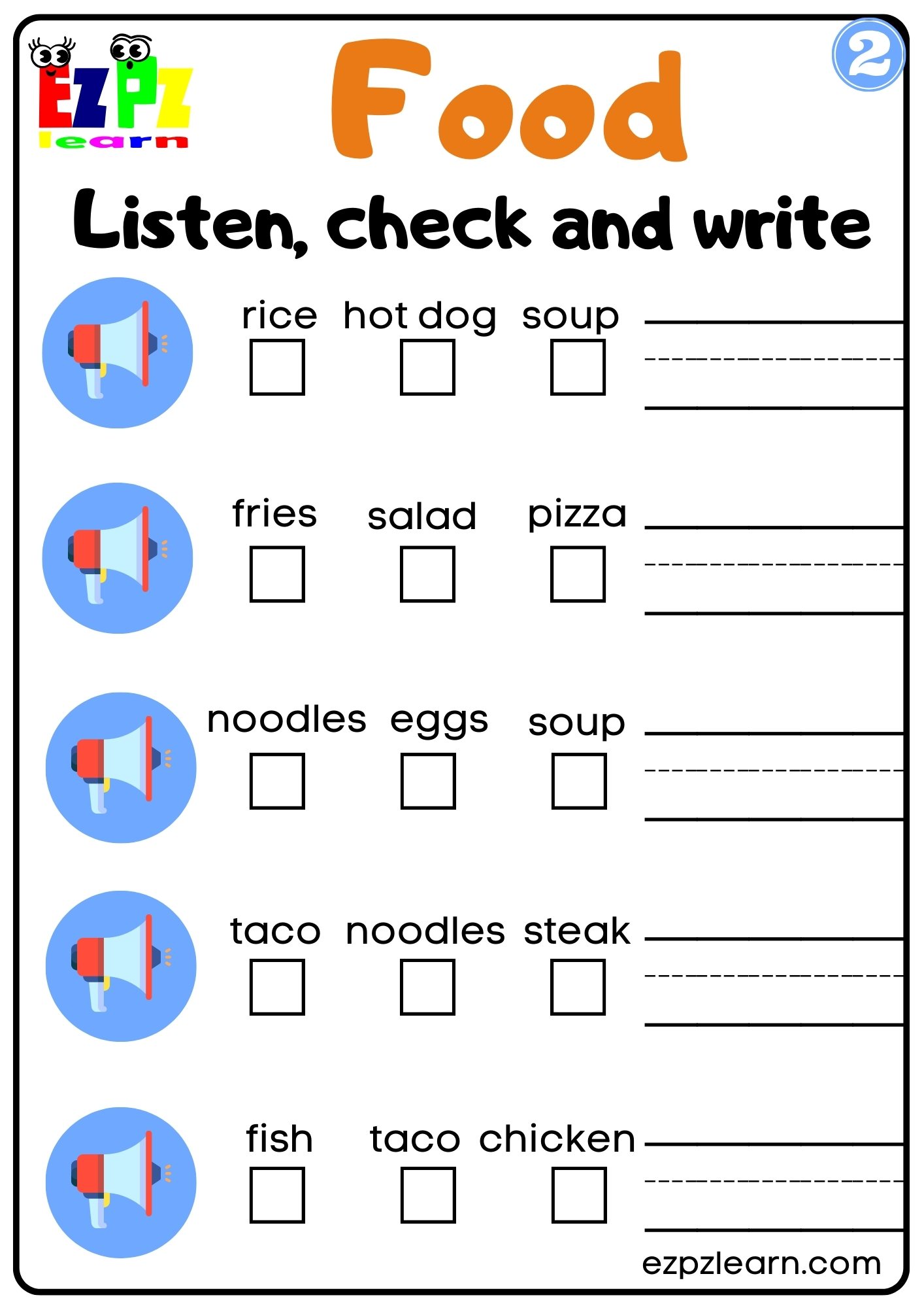 Interactive Food Worksheet Listen, Check and Write Activity for ESL ...