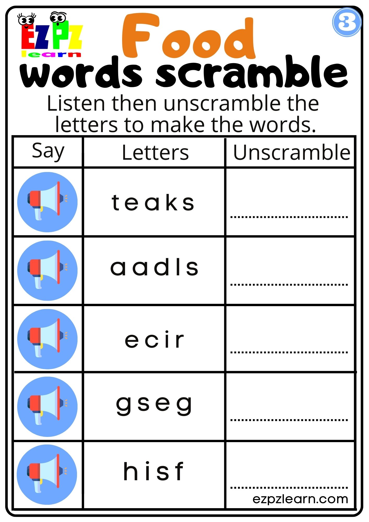 Interactive Food Worksheet Listen, Unscramble and Write Activity for ...