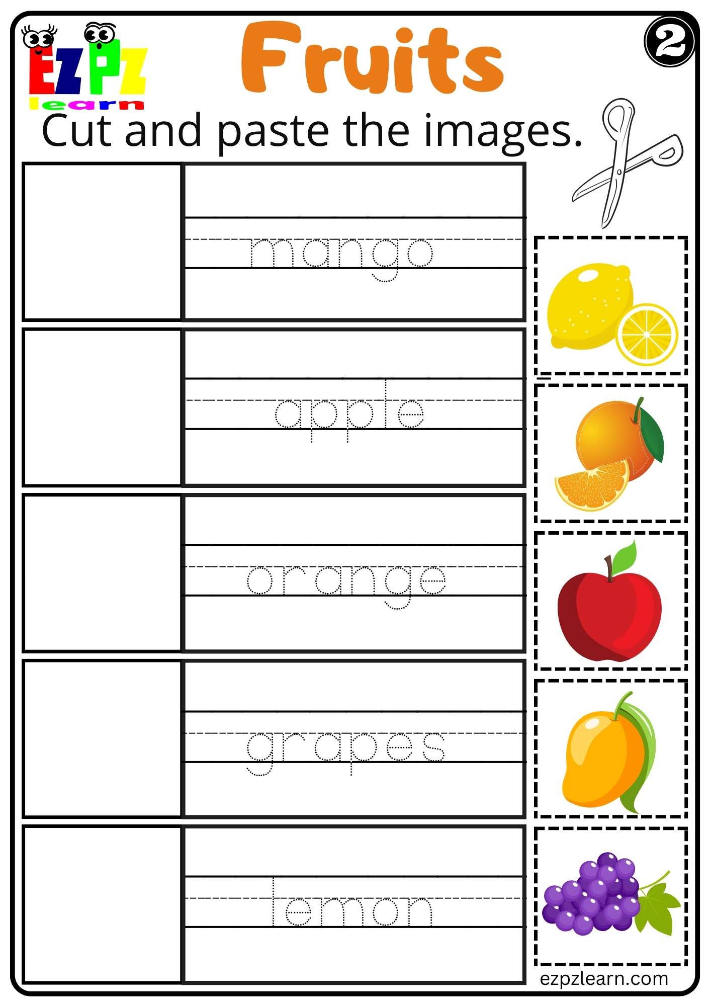 Fruits Cut and Paste Worksheet for K5 Kindergarten and ESL Free PDF ...