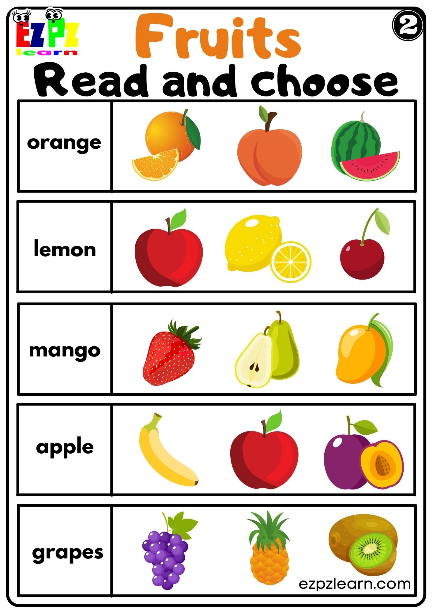Fruits Read and Choose Worksheet for K5 Kindergarten and ESL Free PDF ...