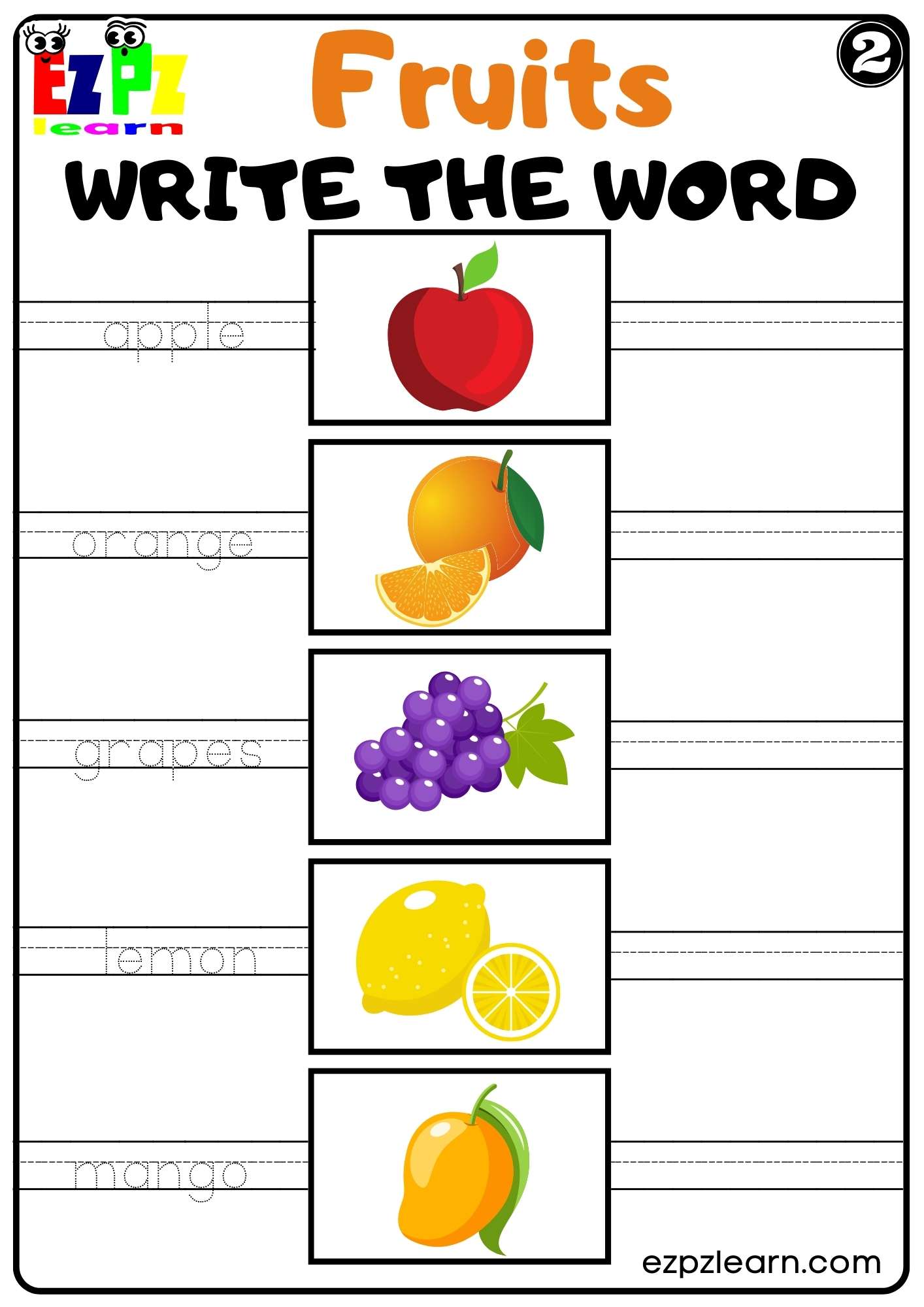 Fruits Write the Word Worksheet for K5 Kindergarten and ESL Free PDF ...