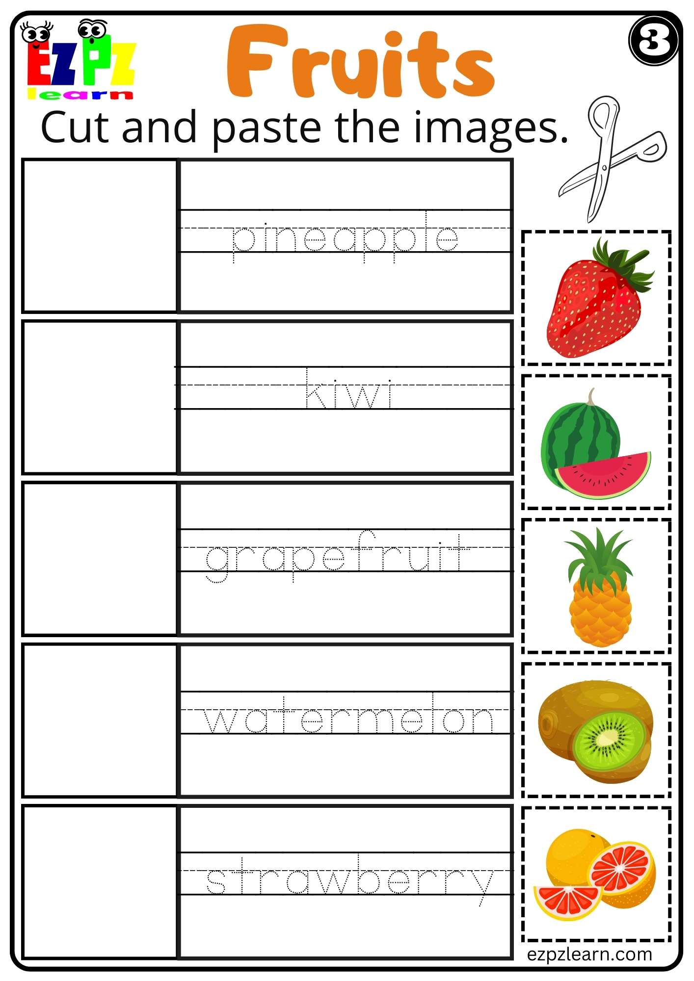 Fruits Cut and Paste Worksheet Set 3 for K5 Kindergarten and ESL Free ...