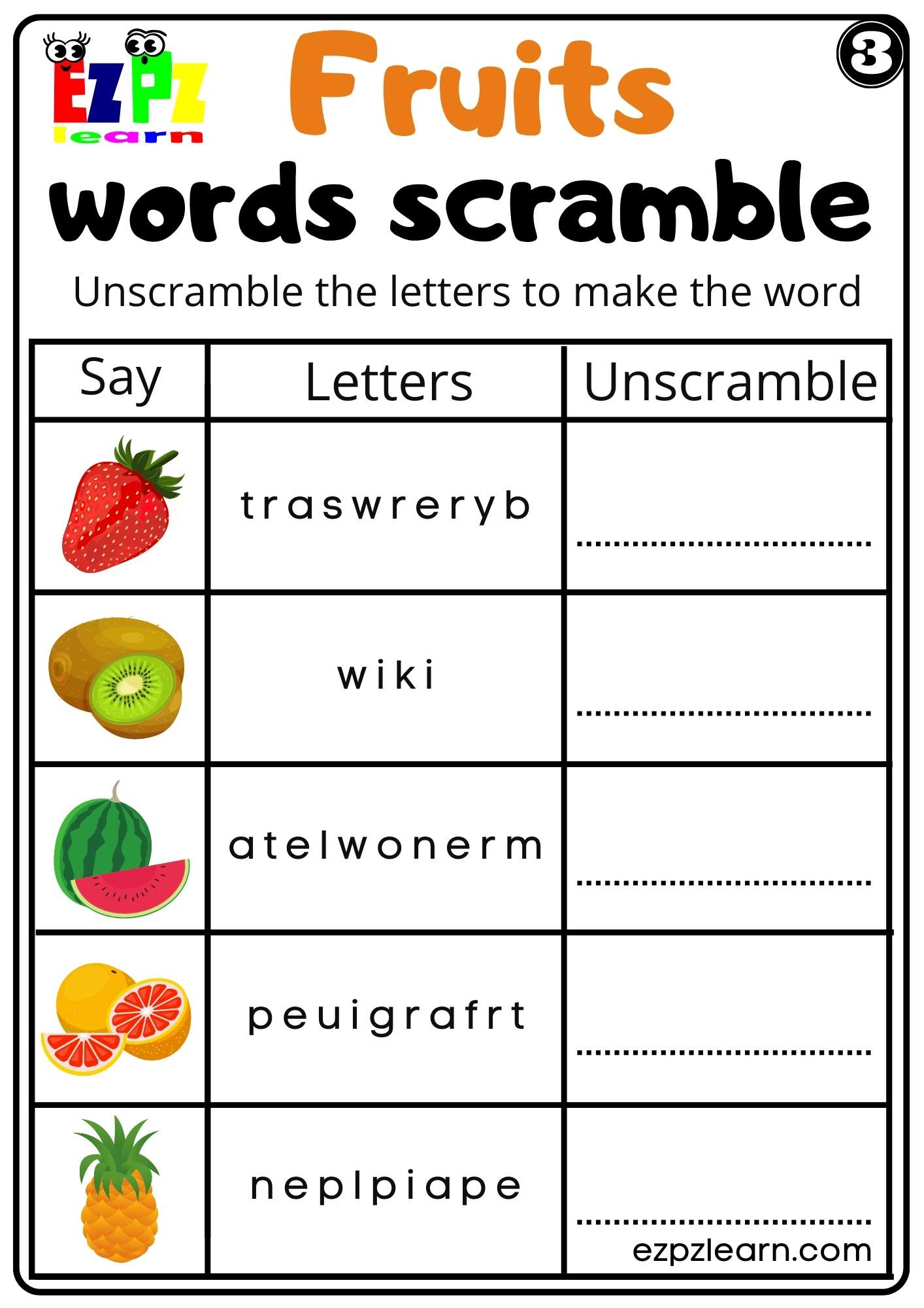 Fruits Word Scramble Worksheet Set 3 for K5 Kindergarten and ESL Free ...