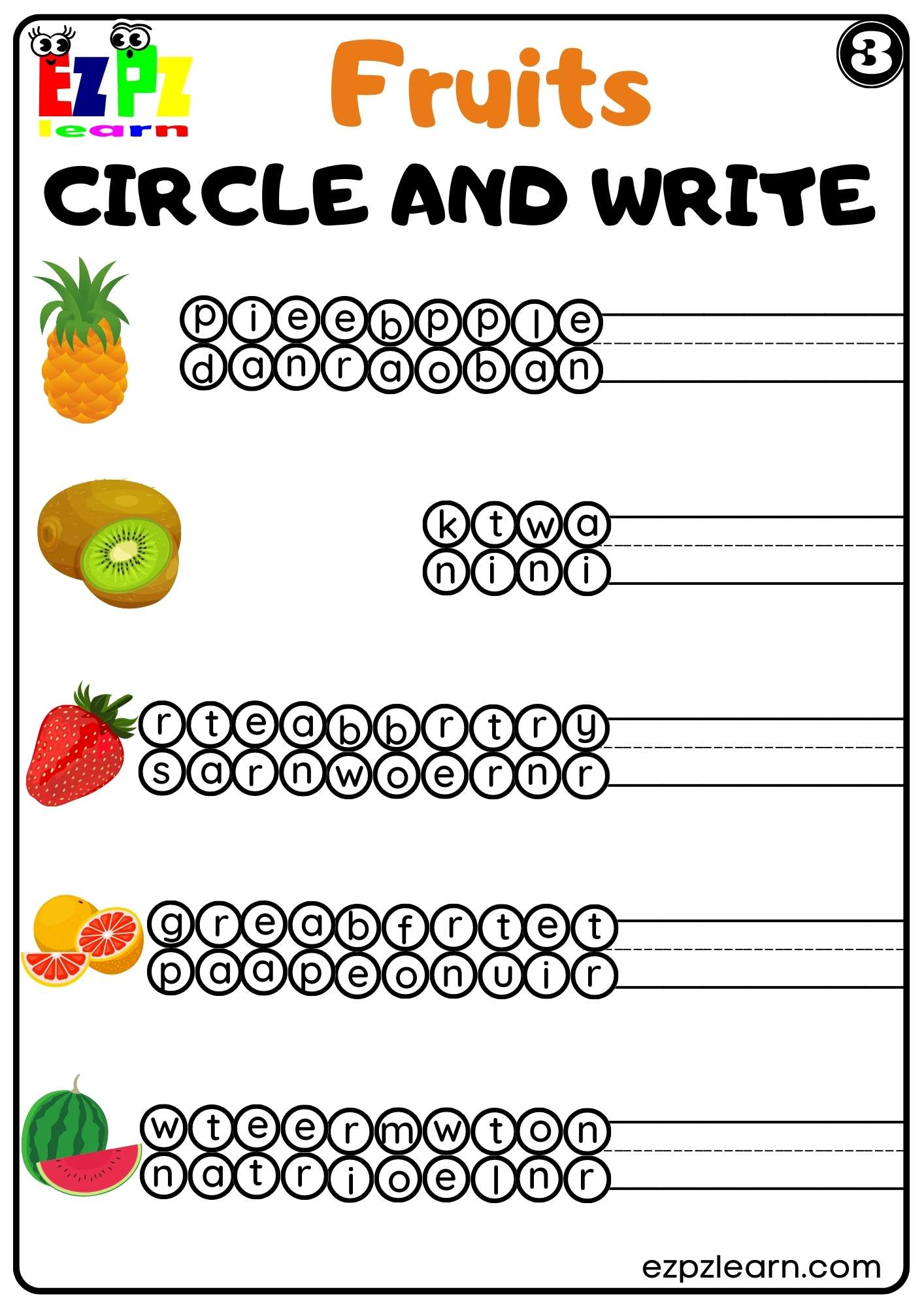 Fruits Circle and Write Worksheet Set 3 for K5 Kindergarten and ESL ...