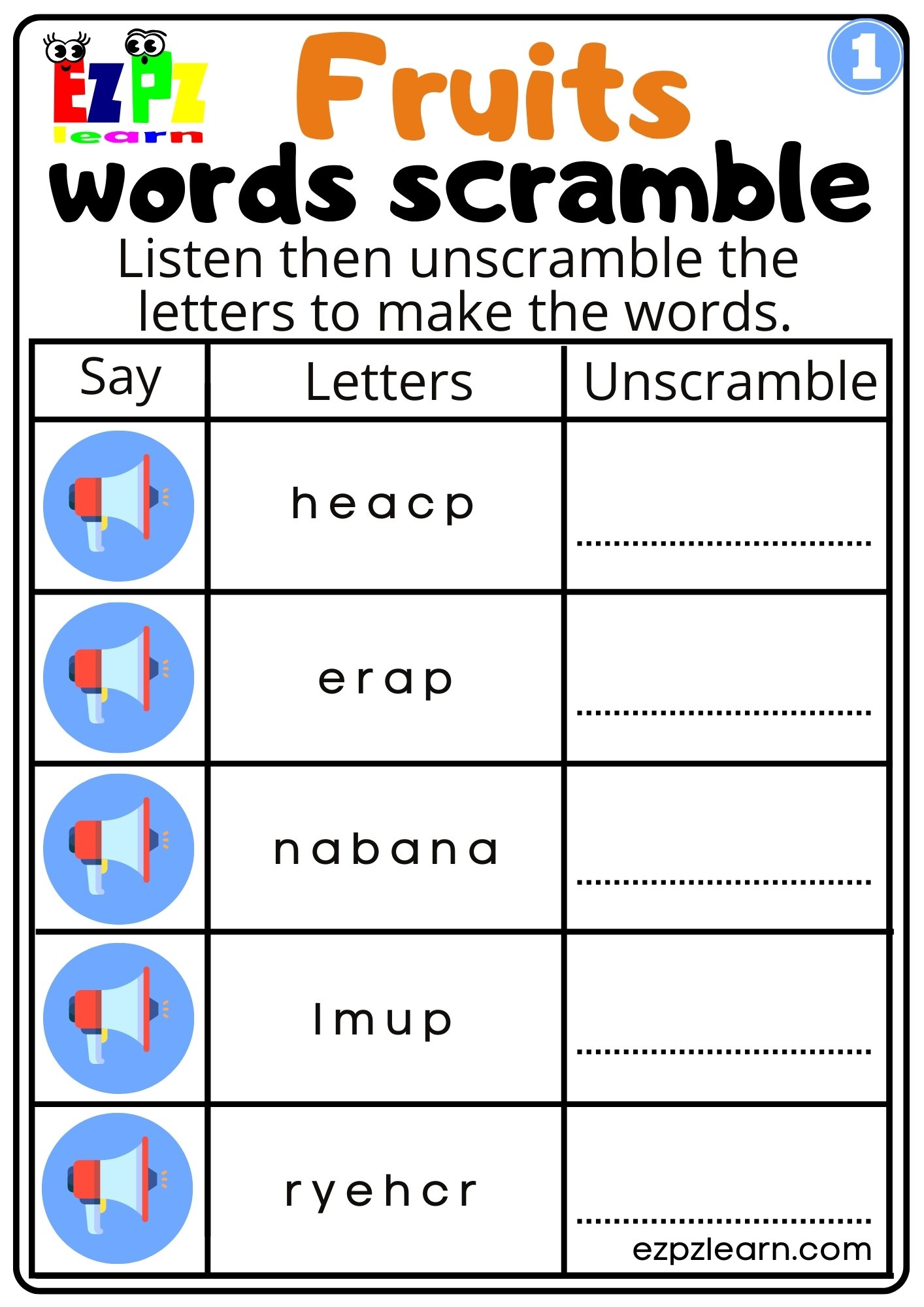 Interactive Fruits Worksheet Listen, Unscramble and Write the Words ...
