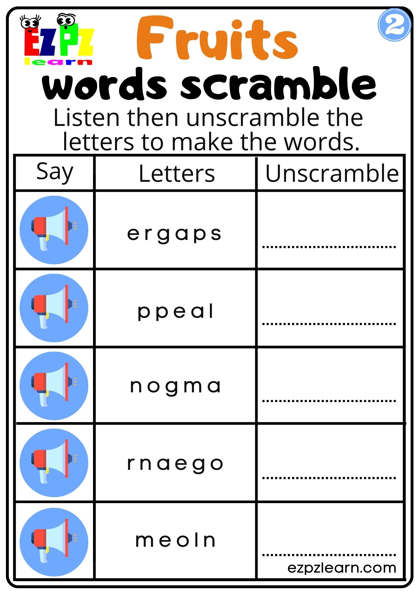 Interactive Fruits Worksheet Listen, Unscramble and Write the Words ...