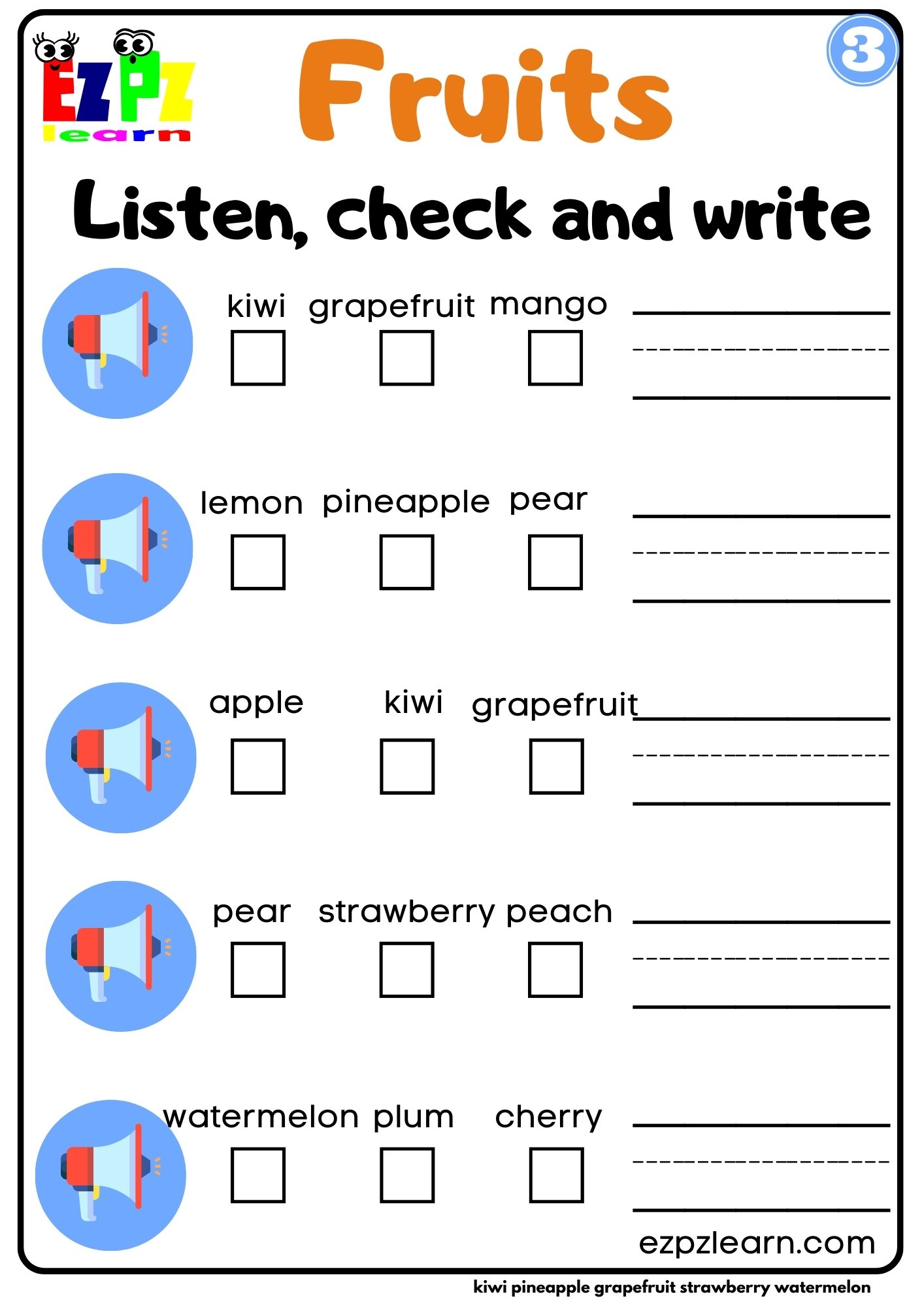 Interactive Fruits Worksheet Listen, Check and Write the Correct Words ...