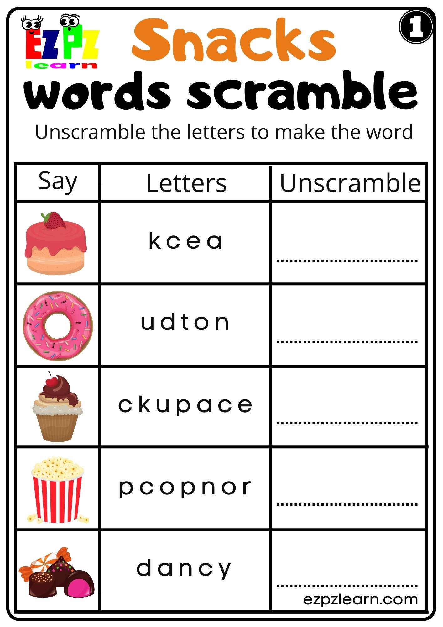 Snacks Desserts - Ezpzlearn.com