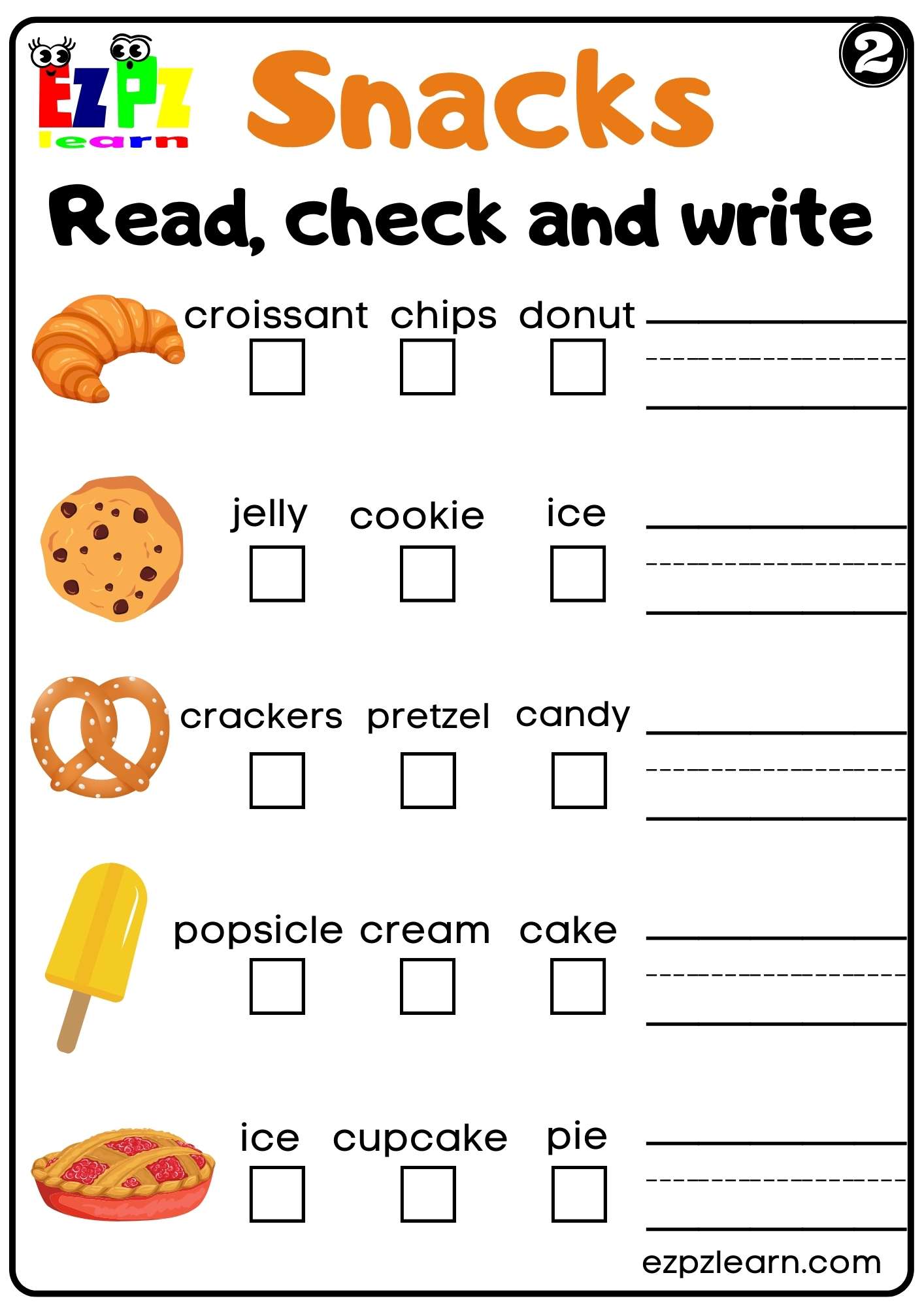 Snacks Read Check and Write Worksheet For Kindergarten K5 and ESL ...
