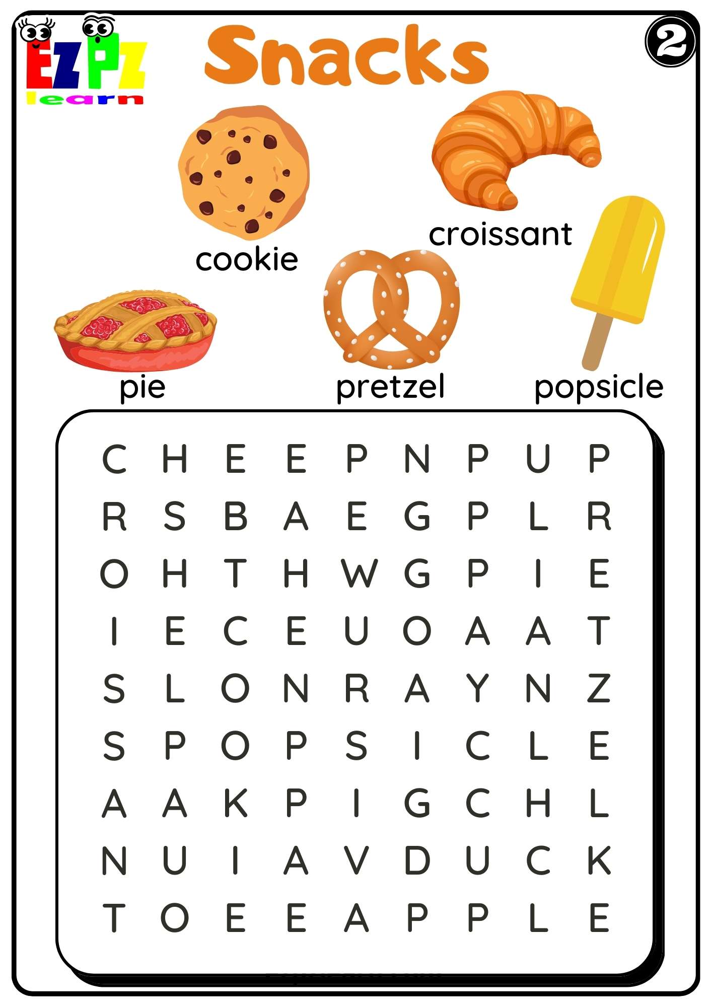 Snacks Word Search Worksheet For Kindergarten K5 and ESL Teachers Free ...
