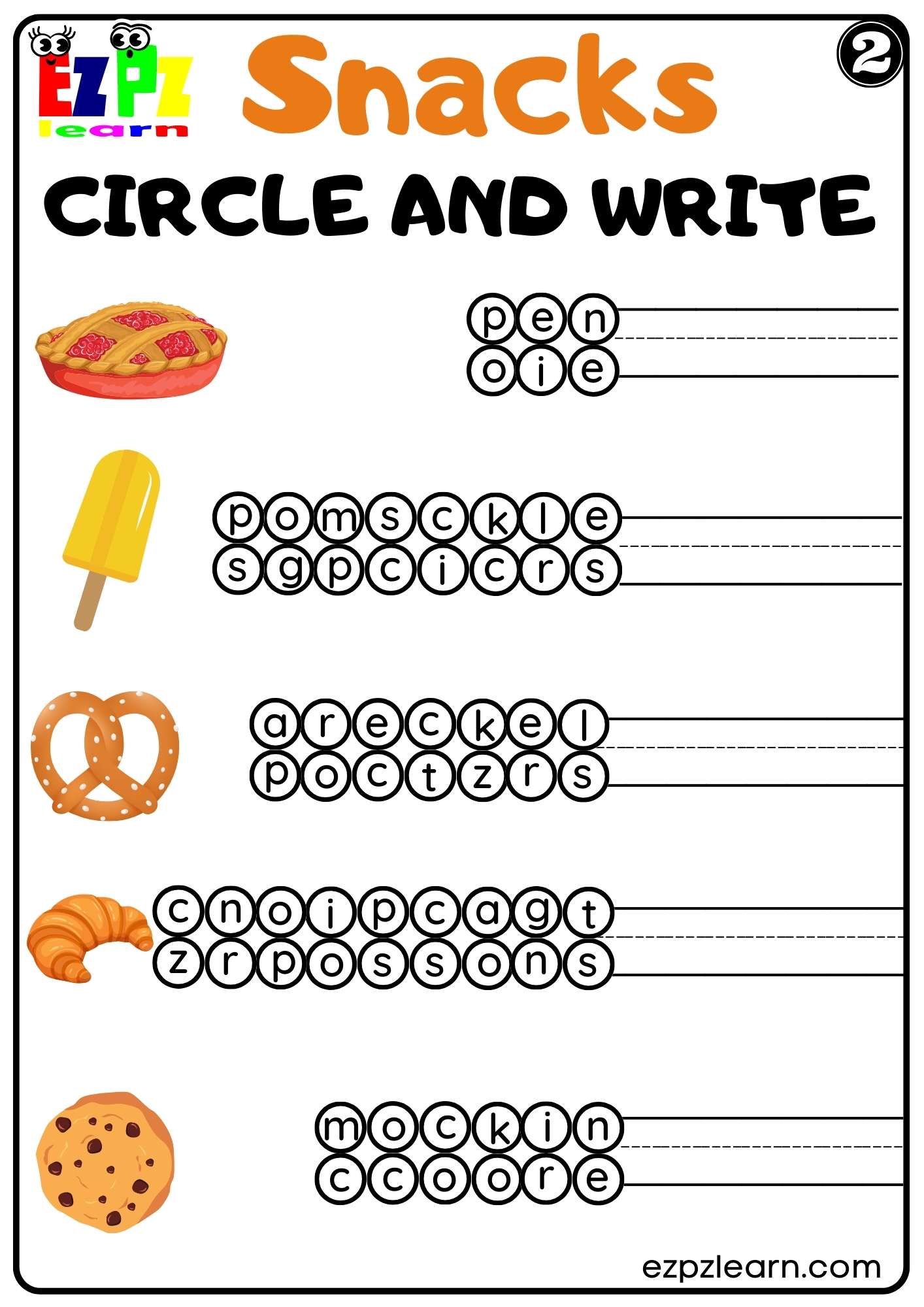 Snacks Circle and Write Worksheet For Kindergarten K5 and ESL Teachers ...