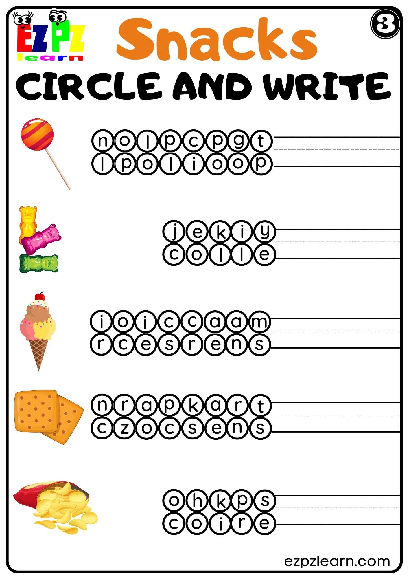 Snacks Circle and Write Worksheet For ESL and Kindergarten K5 Teachers ...