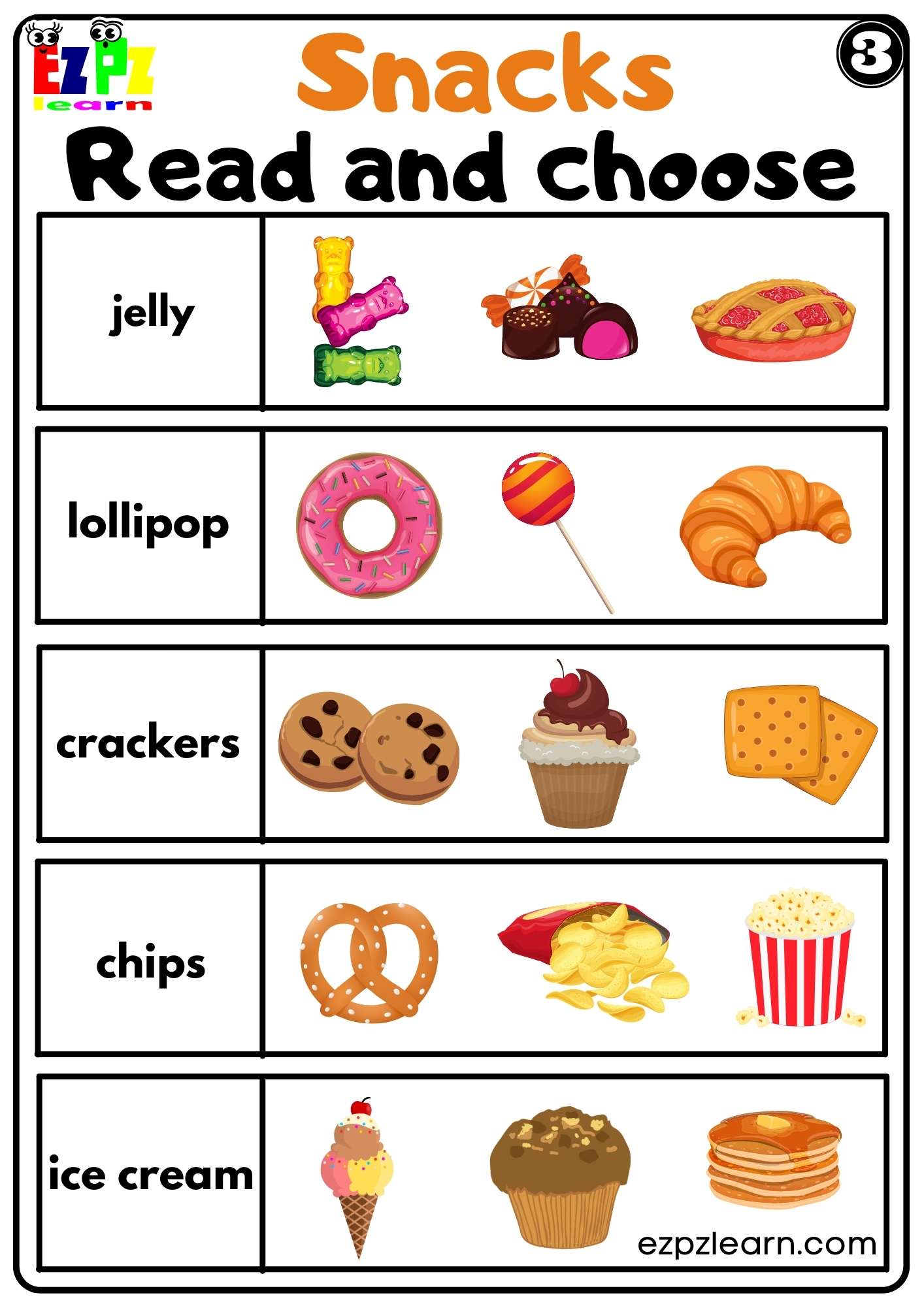 Snacks Read and Choose Worksheet For ESL and Kindergarten K5 Teachers ...