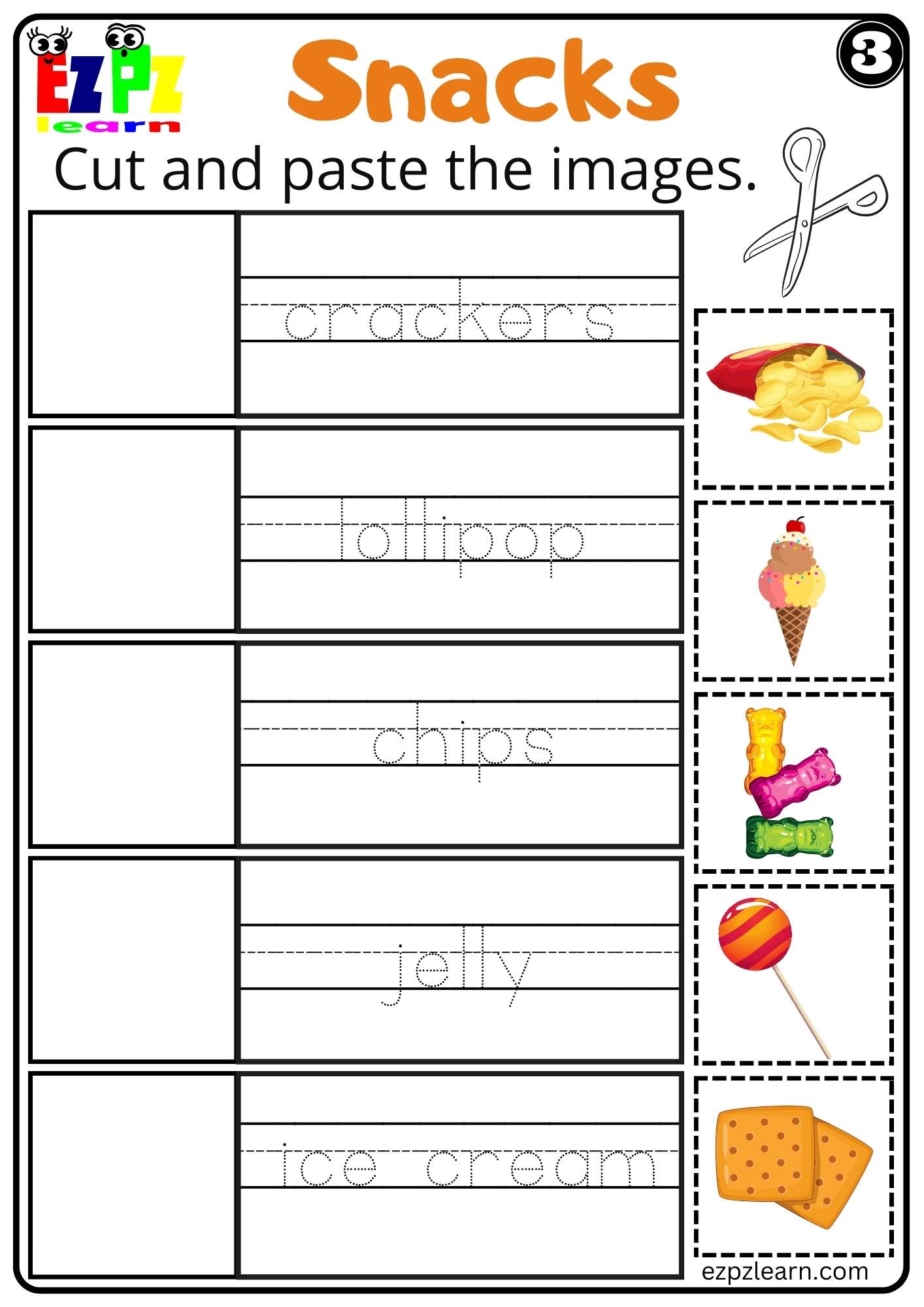Snacks Cut and Paste Worksheet For ESL and Kindergarten K5 Teachers Set ...