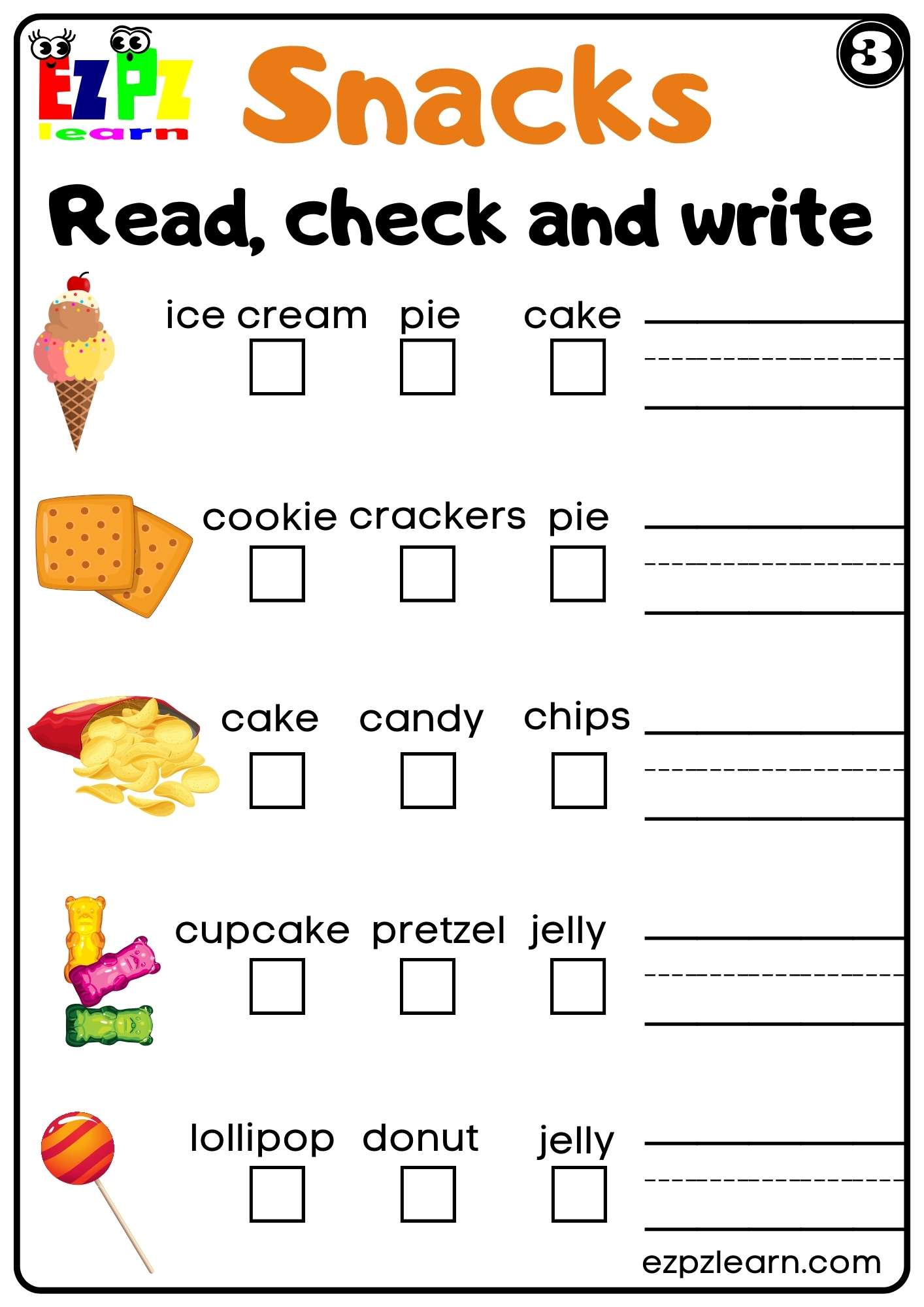 Snacks Read Check and Write Worksheet For ESL and Kindergarten K5 ...