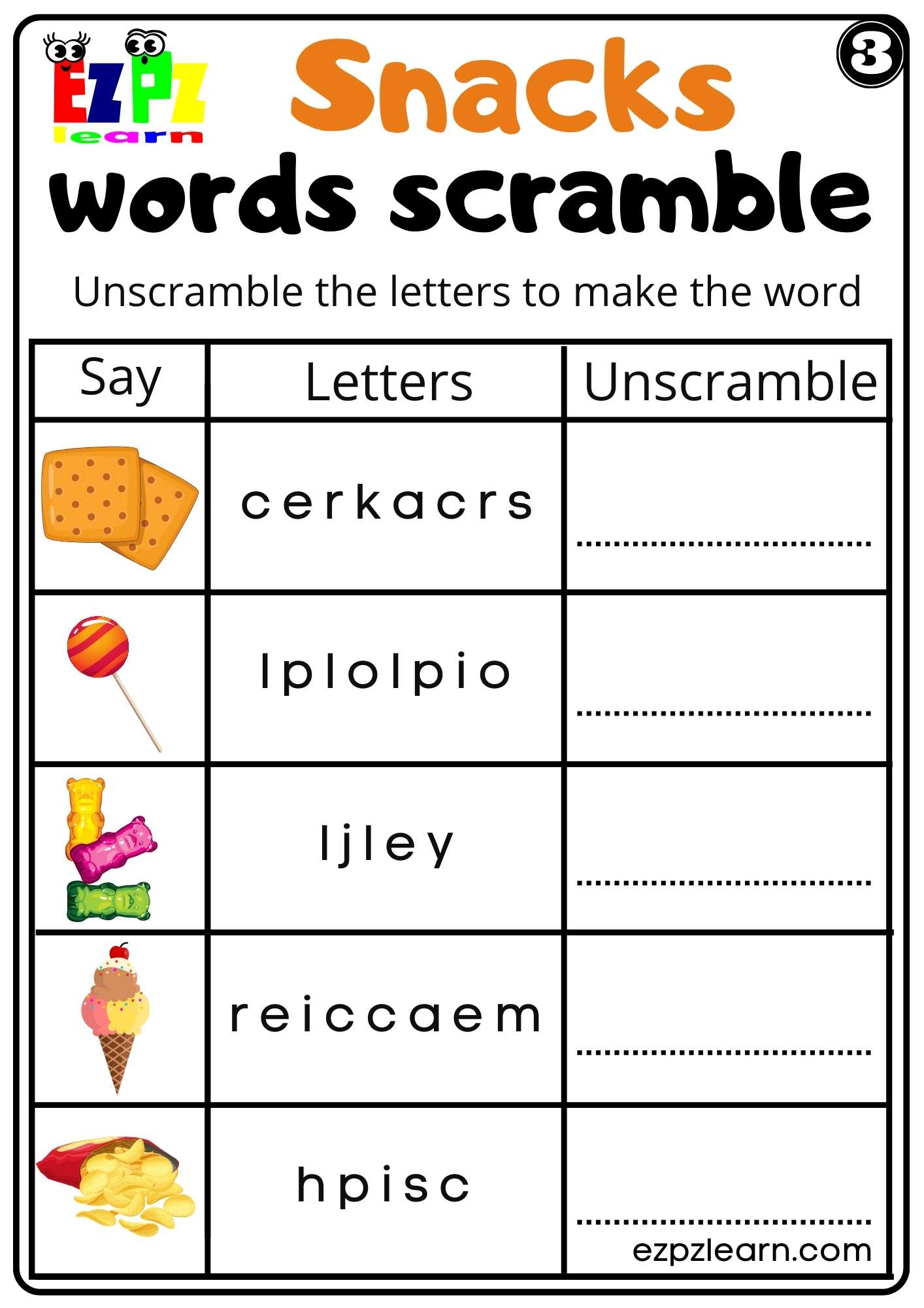 Snacks Word Scramble Worksheet For ESL and Kindergarten K5 Teachers Set ...