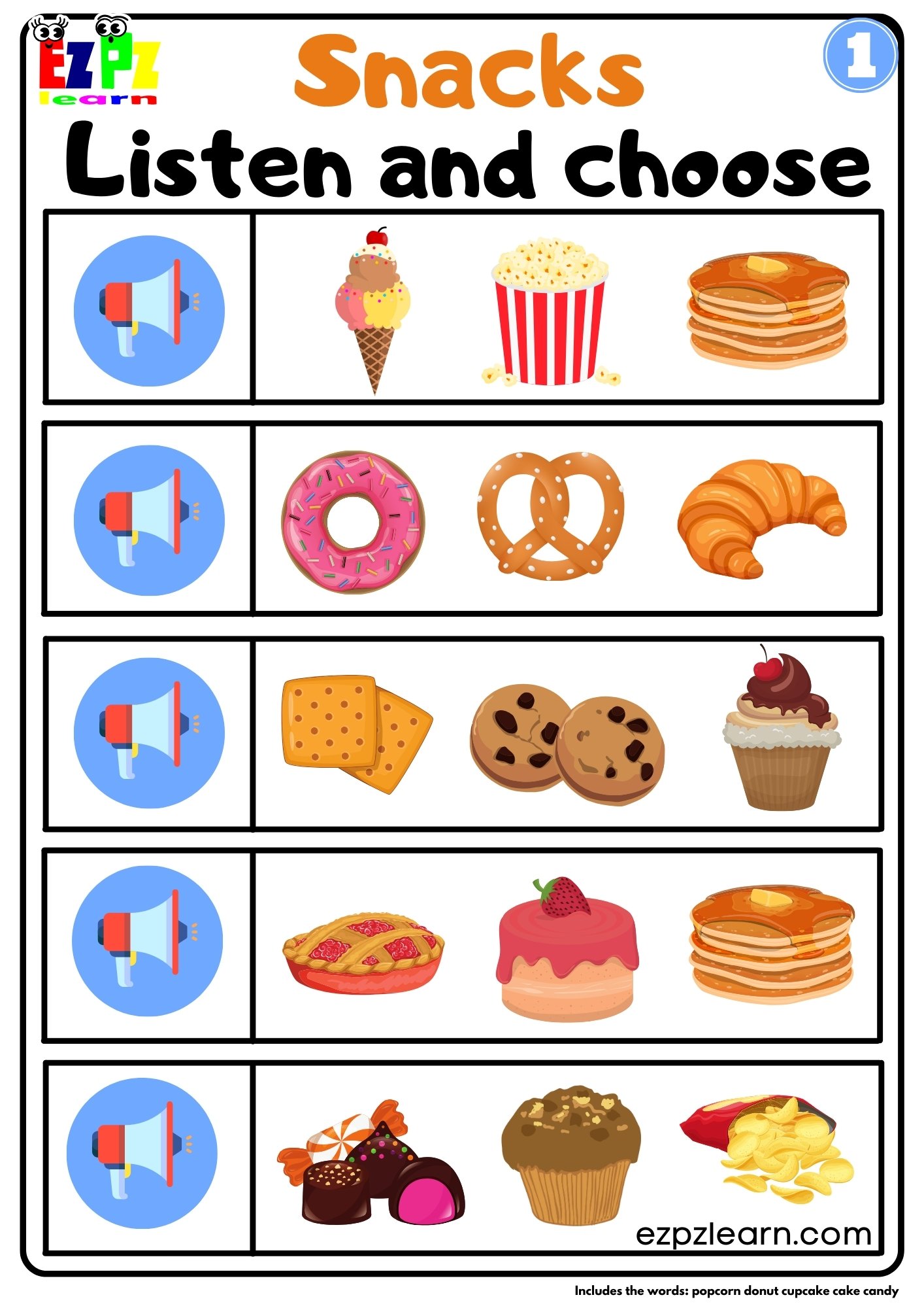 Interactive Snacks Worksheet Listen and Choose the Correct Images ...