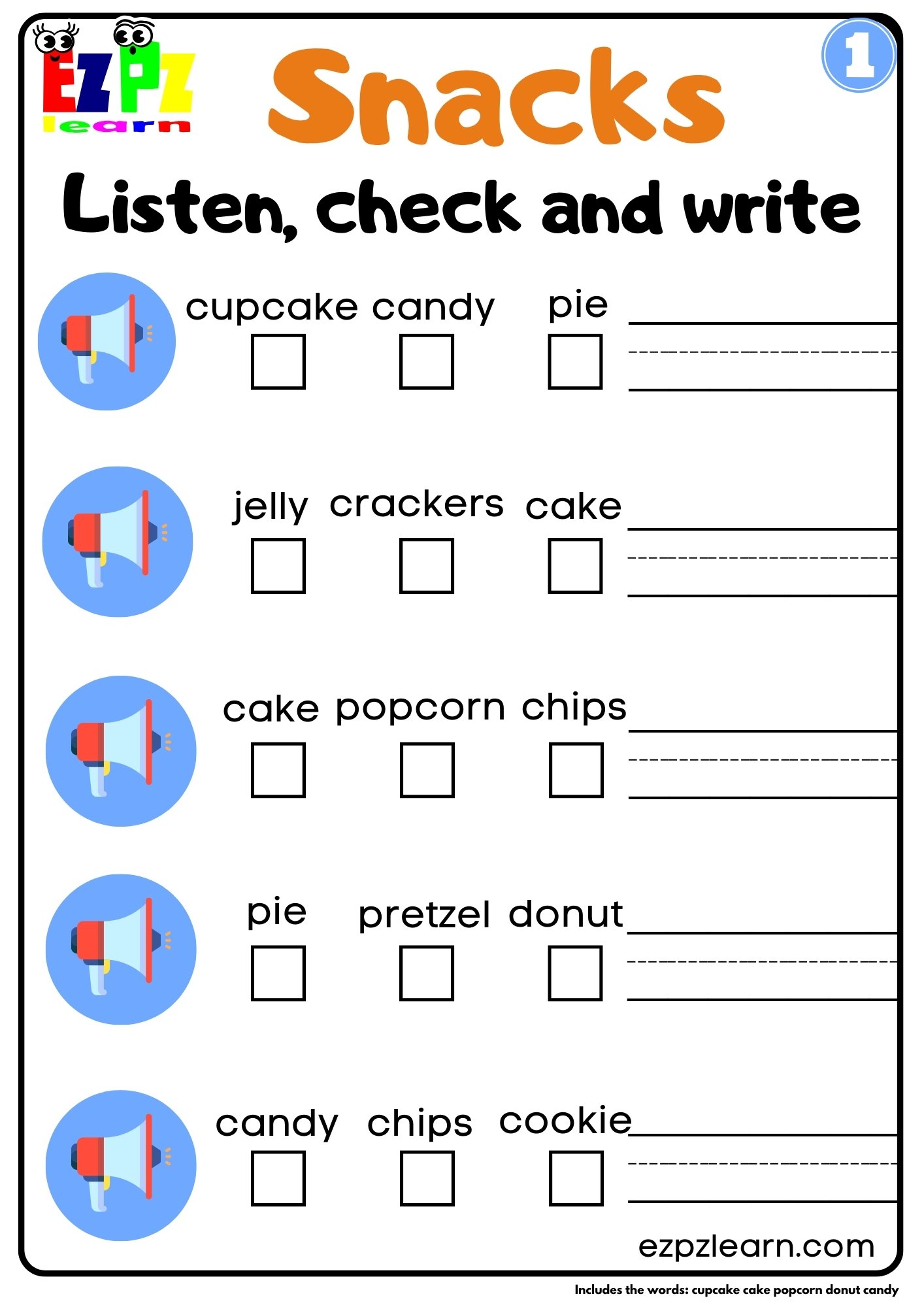Interactive Snacks Worksheet Listen Check and Write the Words Activity ...