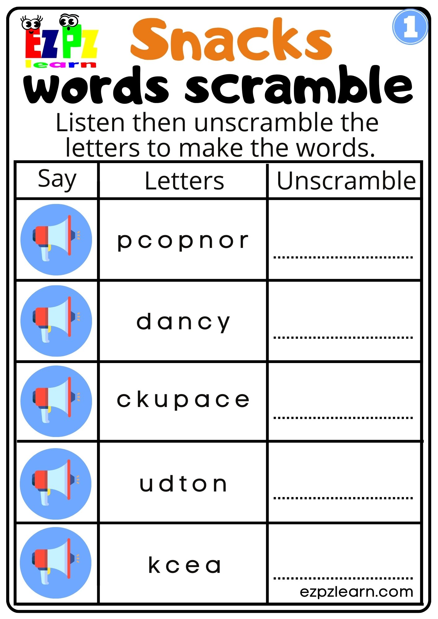 Interactive Snacks Worksheet Listen, Unscramble and Write the Words ...