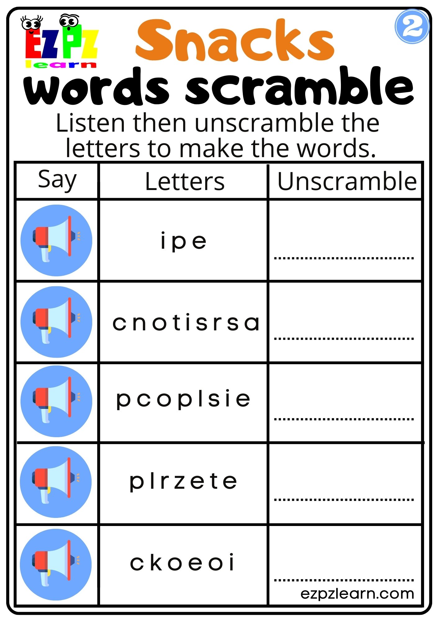 Interactive Snacks Worksheet Listen, Unscramble and Write the Words ...