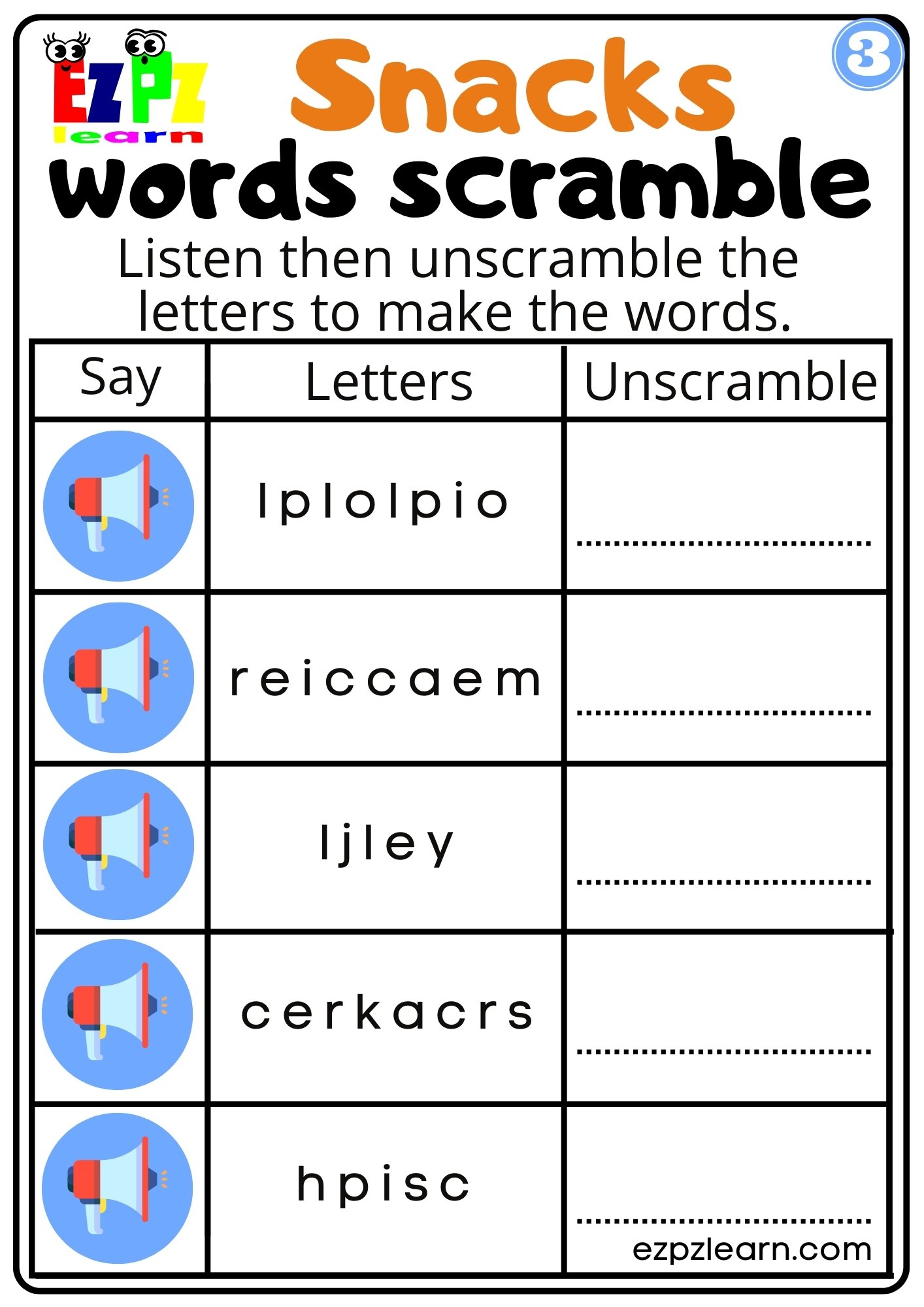 Interactive Snacks Worksheet Listen, Unscramble and Write Activity for ...