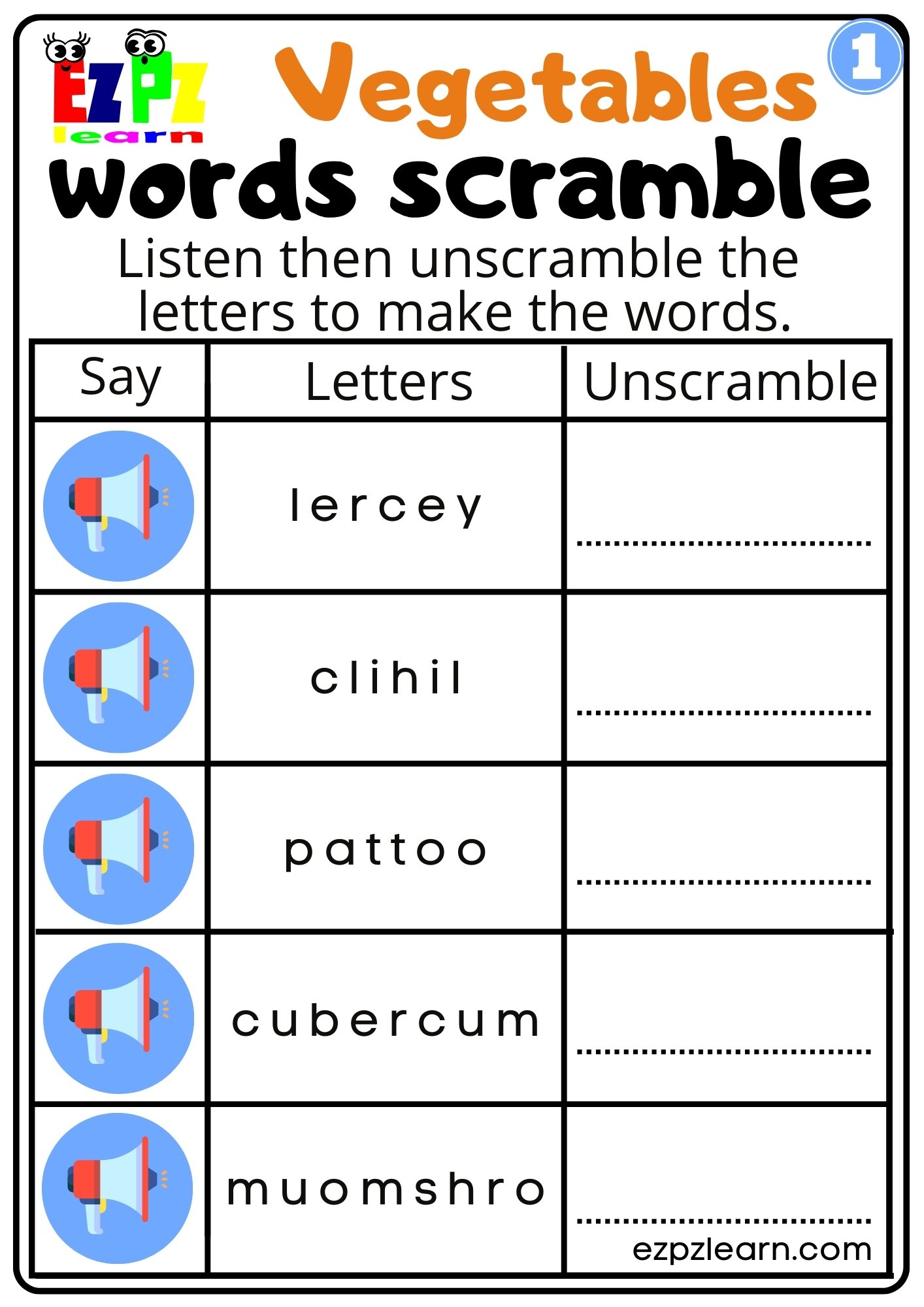 Interactive Worksheet for Vegetables Listen, Unscramble and Write the ...