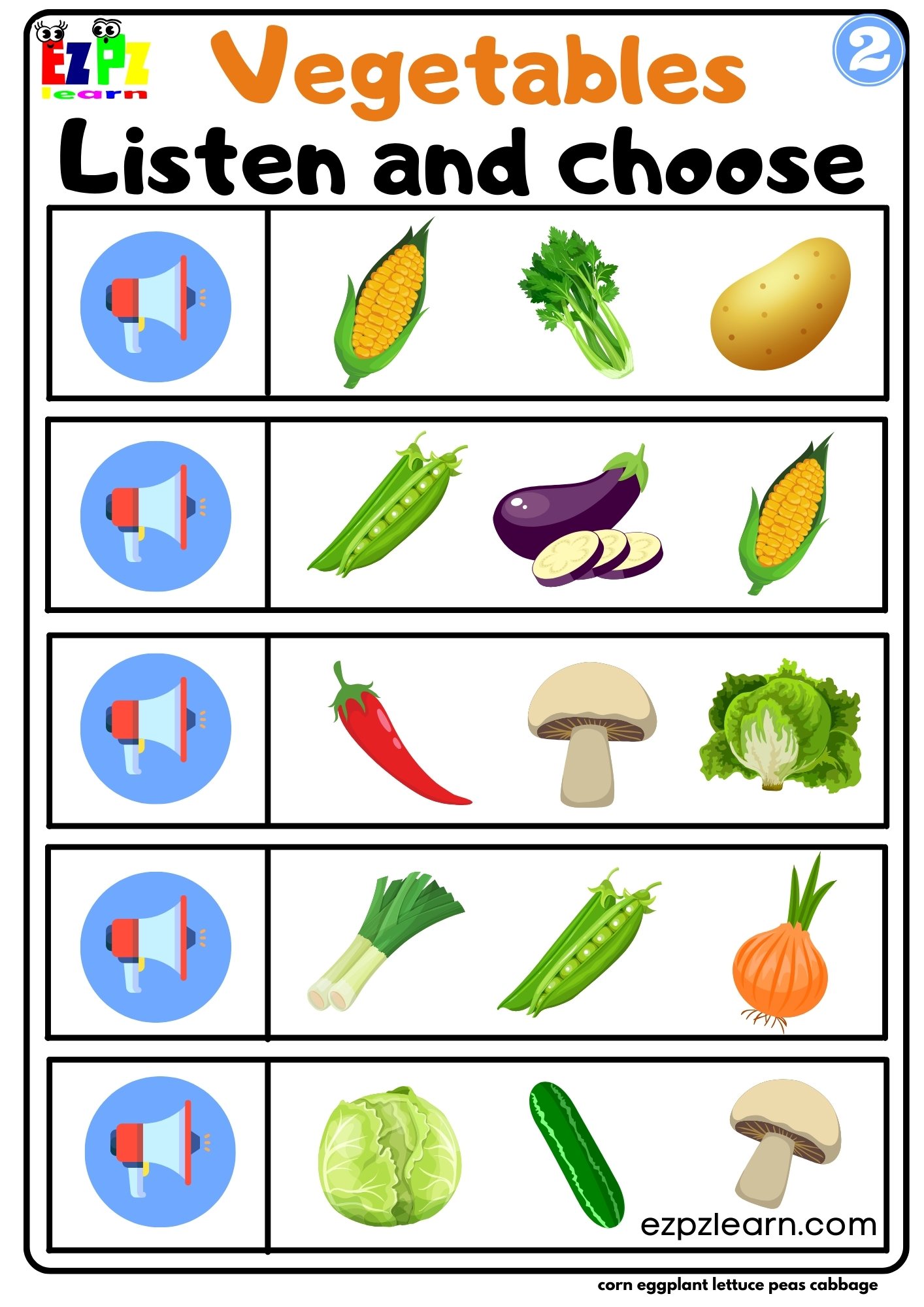 Interactive Worksheet for Vegetables Listen and Choose the Correct ...