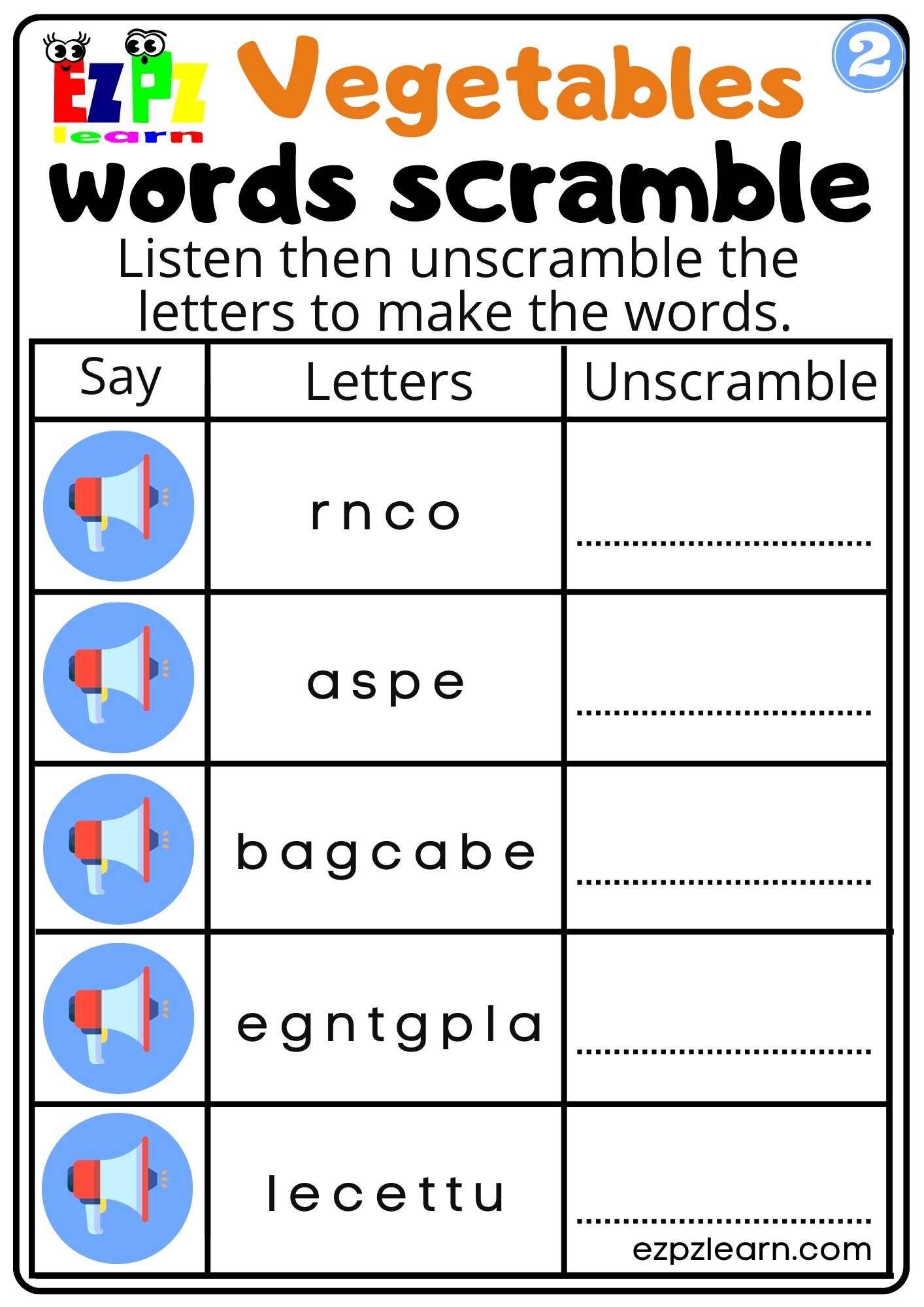 Interactive Worksheet for Vegetables Listen, Unscramble and Write the ...