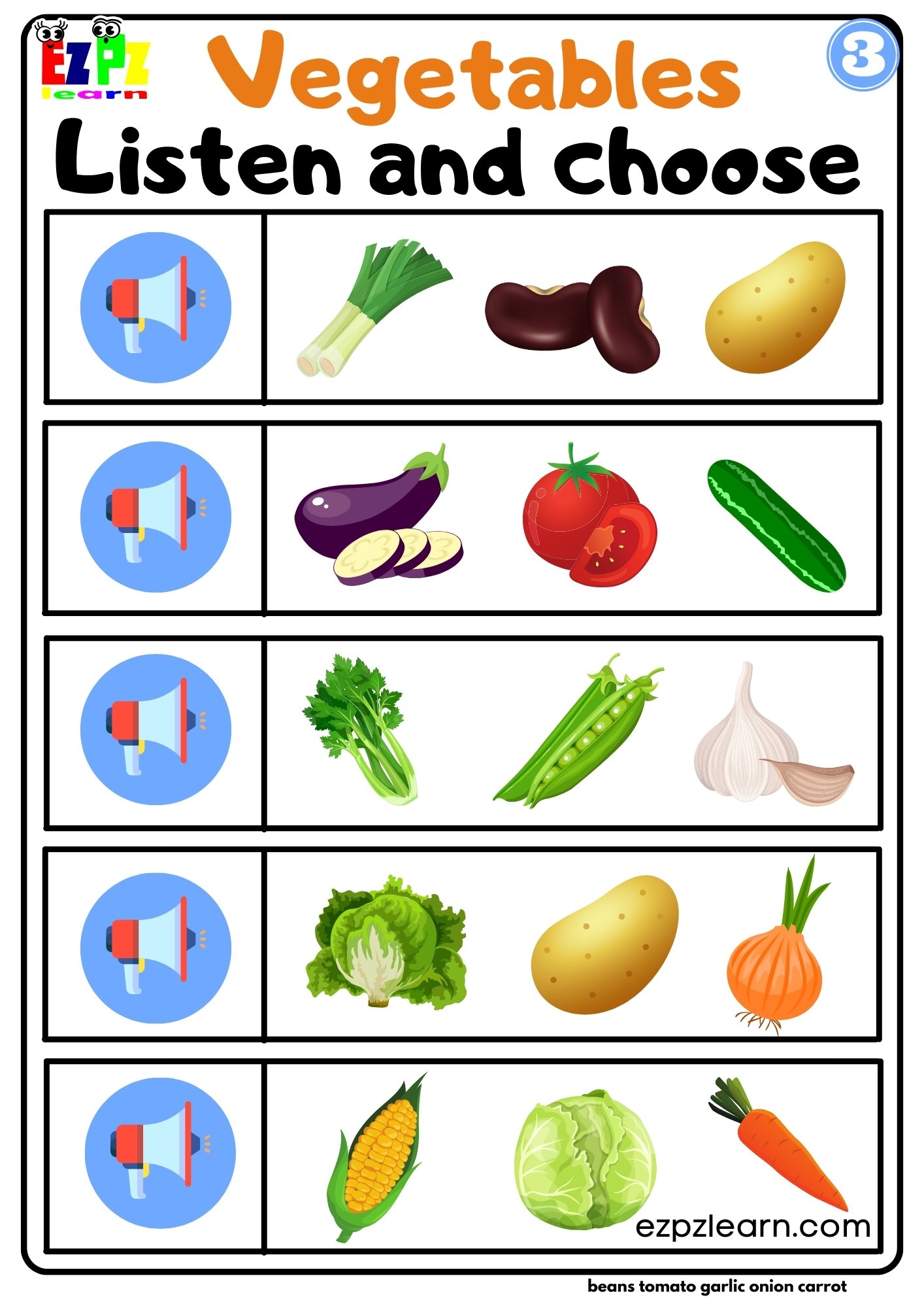 Interactive Worksheet for Vegetables Listen and Choose the Correct ...