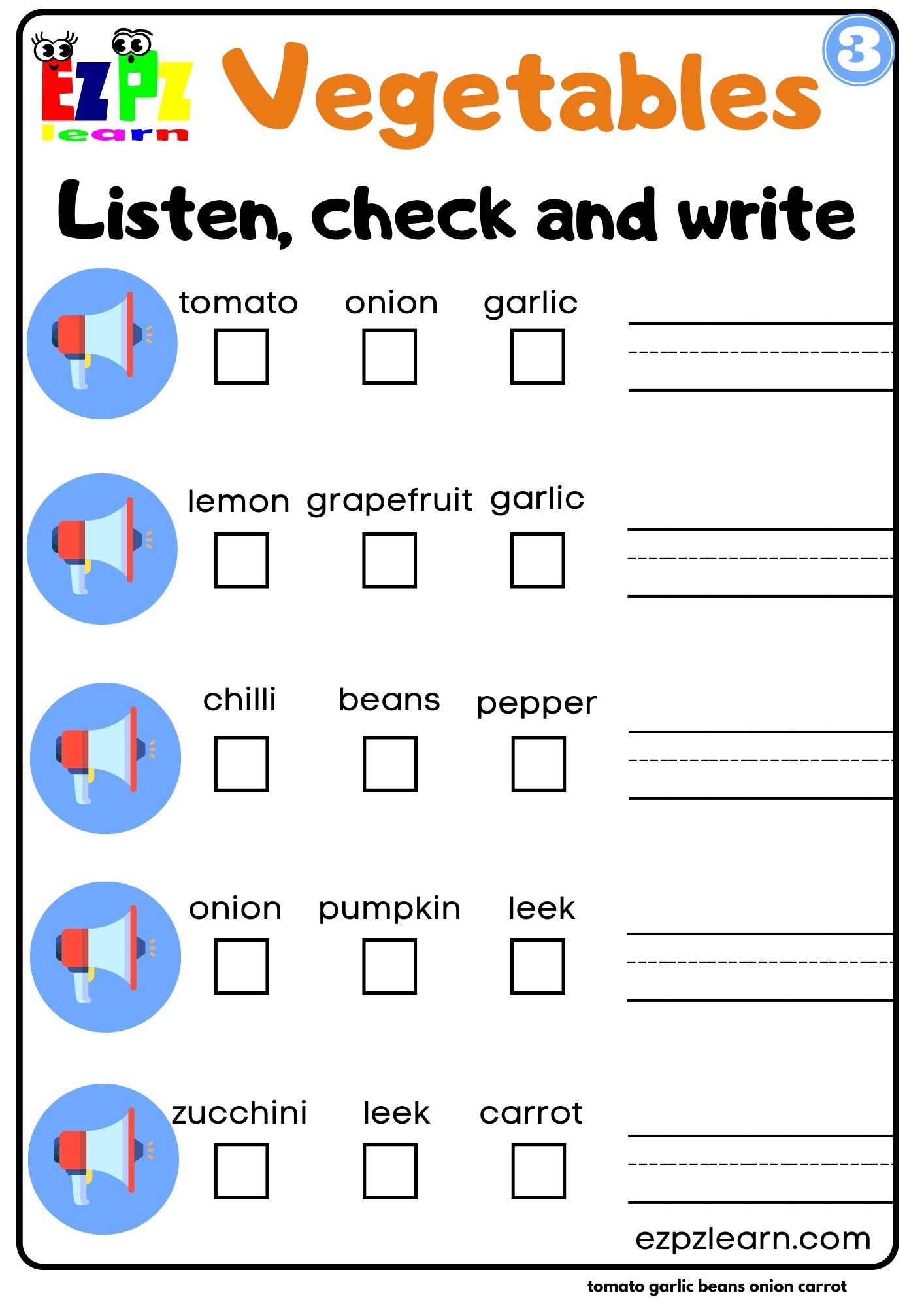 Interactive Worksheet for Vegetables Listen, Check and Write the ...